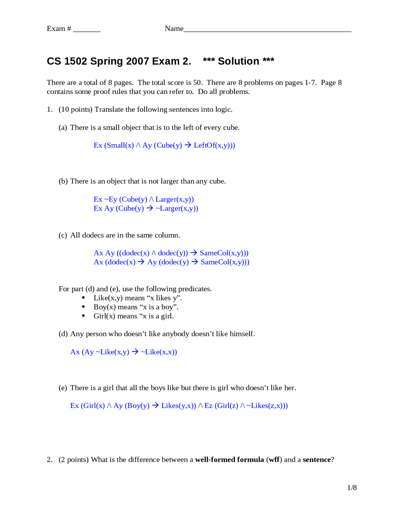 Old Exam 2 with Answers - Formal Methods in Computer Science | CS 1502 - Docsity