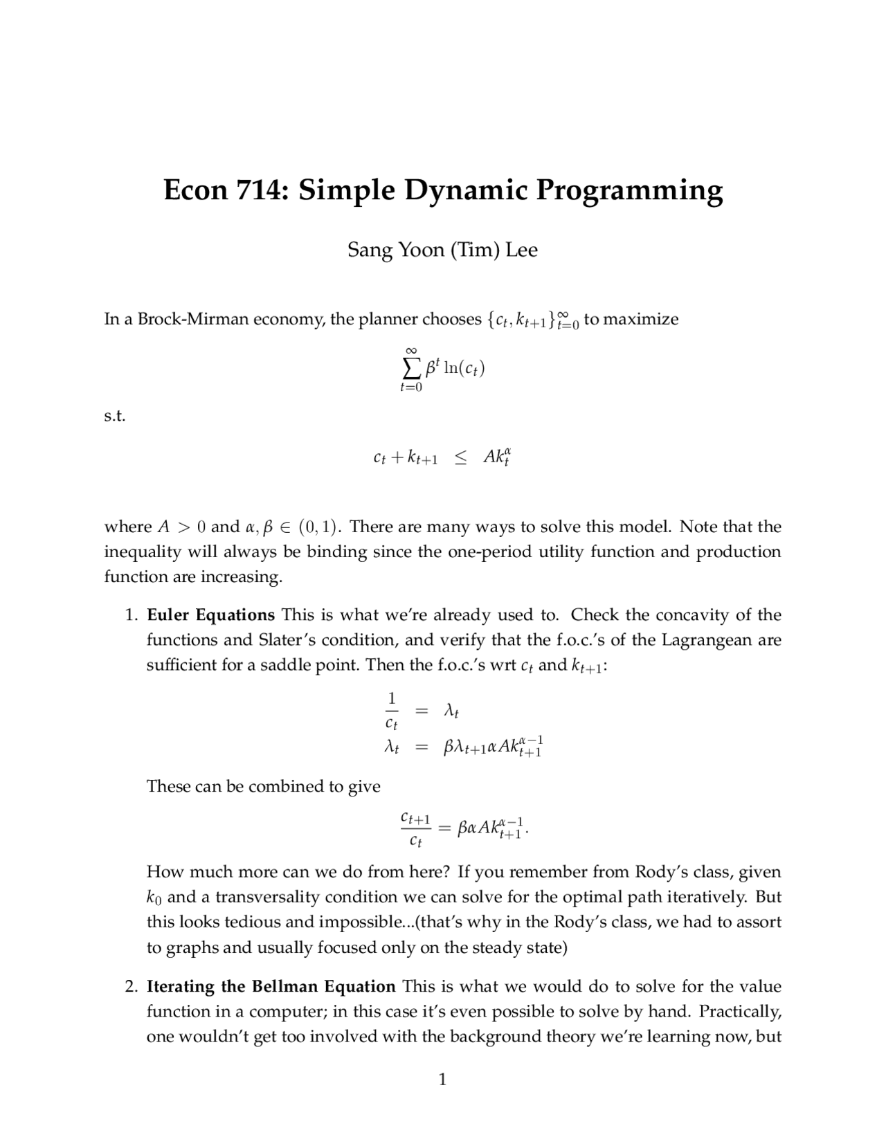 Simple Dynamic Programming - Economic Theory : Macroeconomics Sequence ...