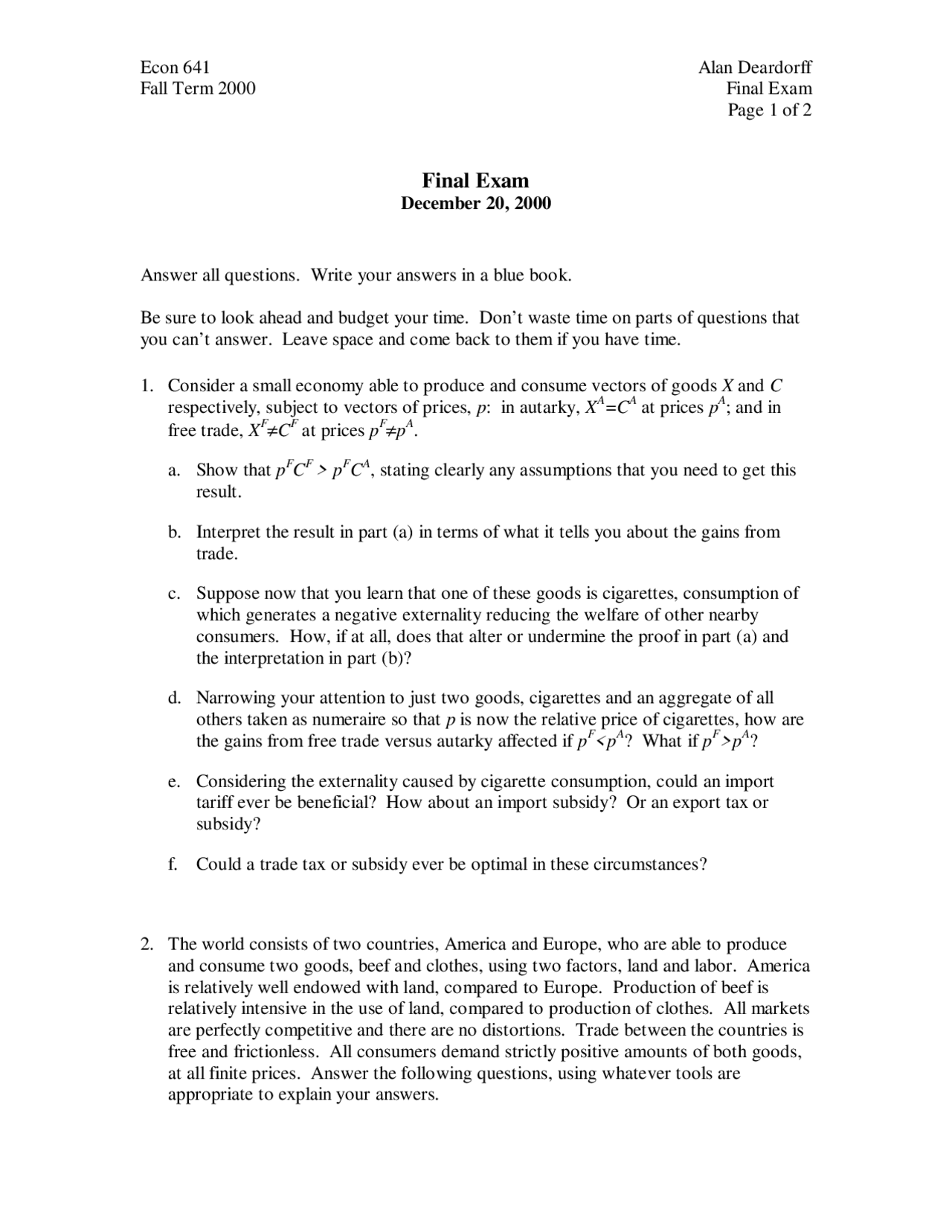 Practice Final Exam Introduction To Trade Theory Econ 641 Docsity