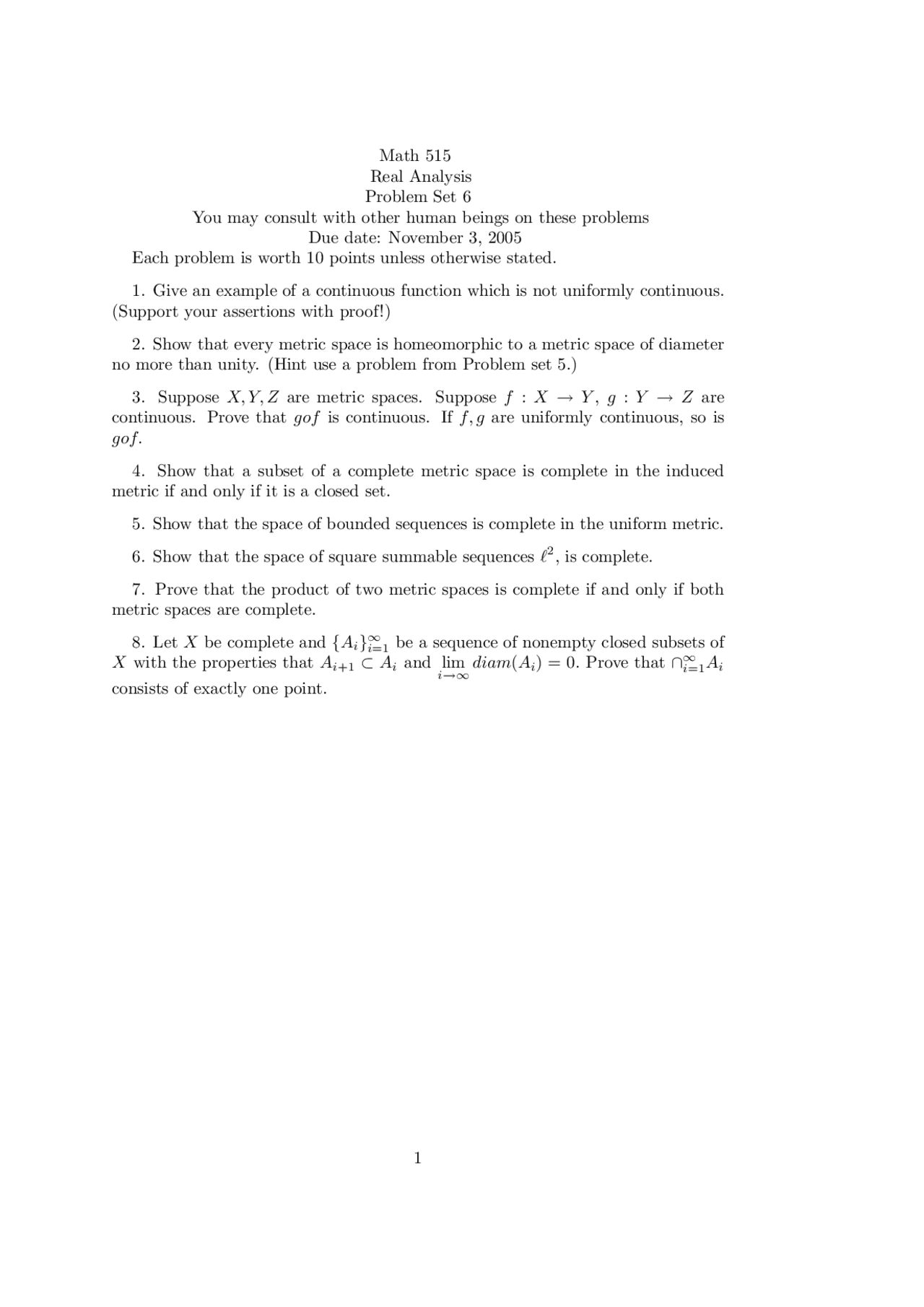 Problem Set 6 for Real Analysis I - Fall 2005 | MATH 515 - Docsity