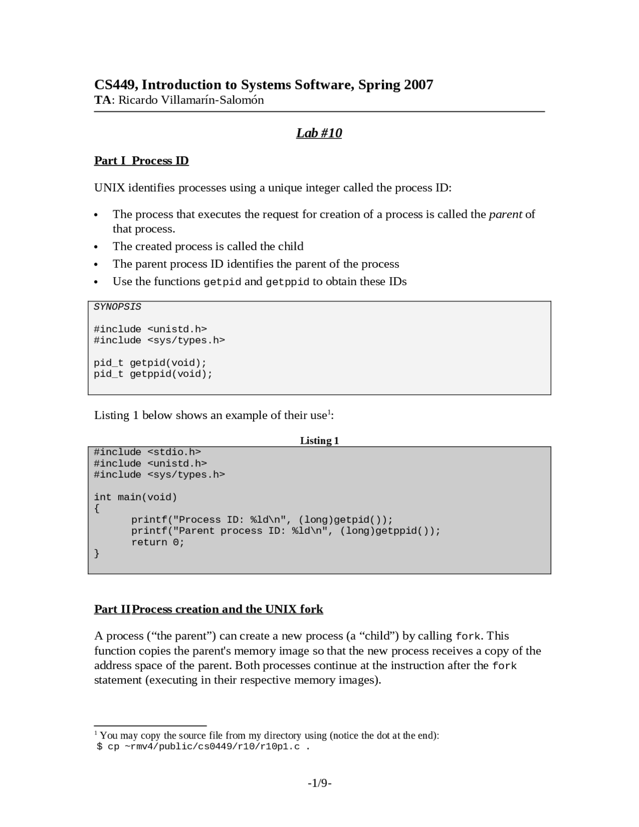 Laboratory 10 - Process ID - Introduction to System Software | CS 0449 - Docsity