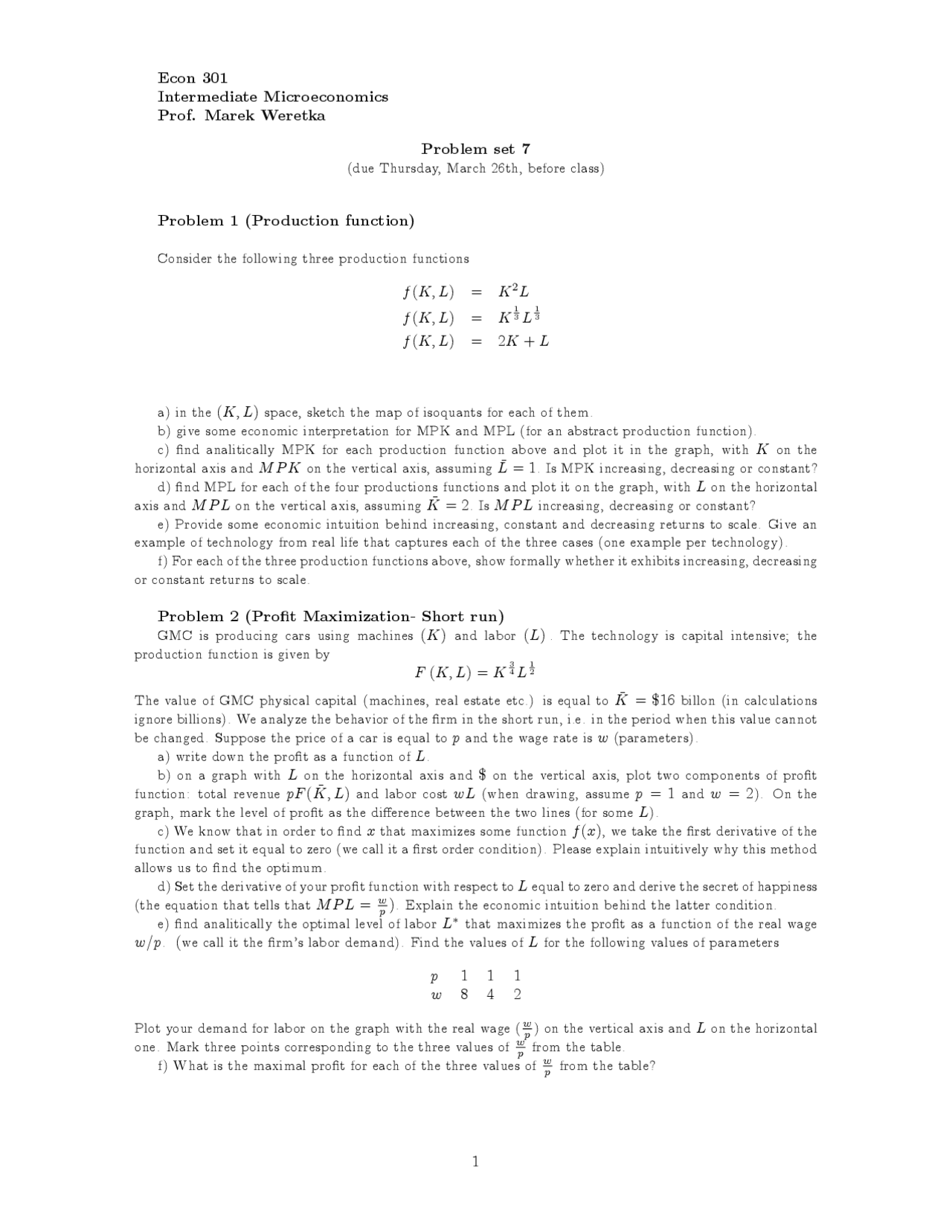 Intermediate Microeconomic Theory Problem Set 7 Econ 301 Docsity