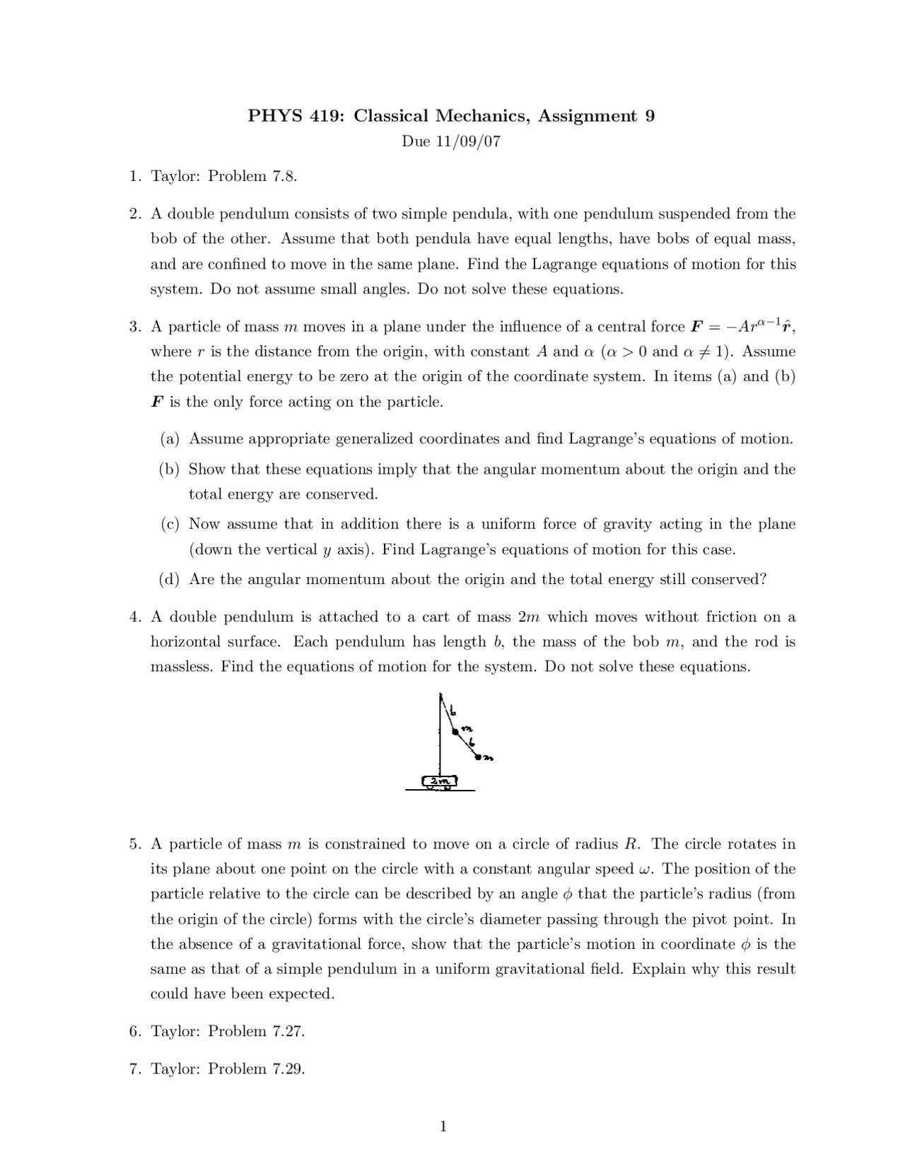 6 Problems on Classical Mechanics I - Assignment 9 | PHYS 419 - Docsity