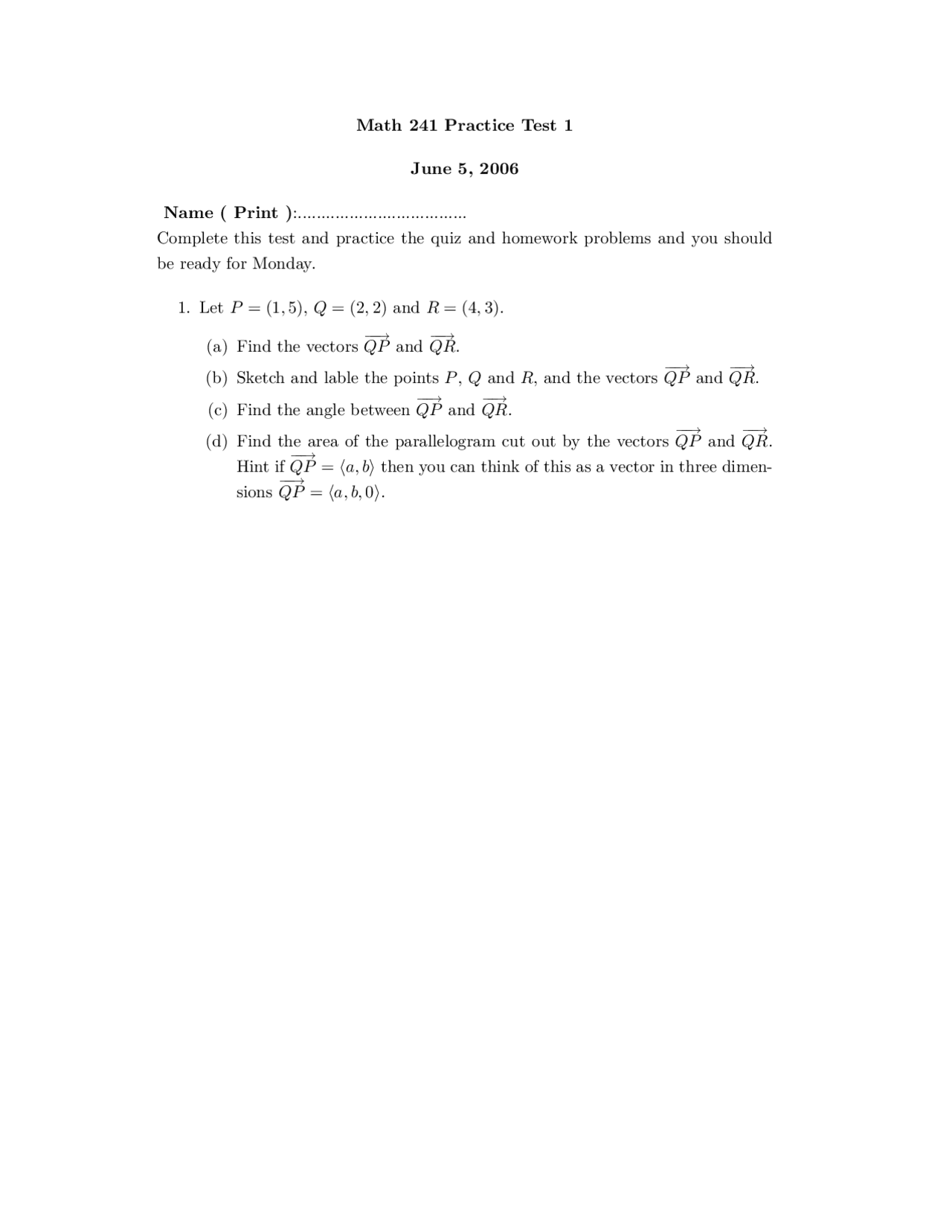 Practice Test 1 Vector Calculus Math 241 Docsity
