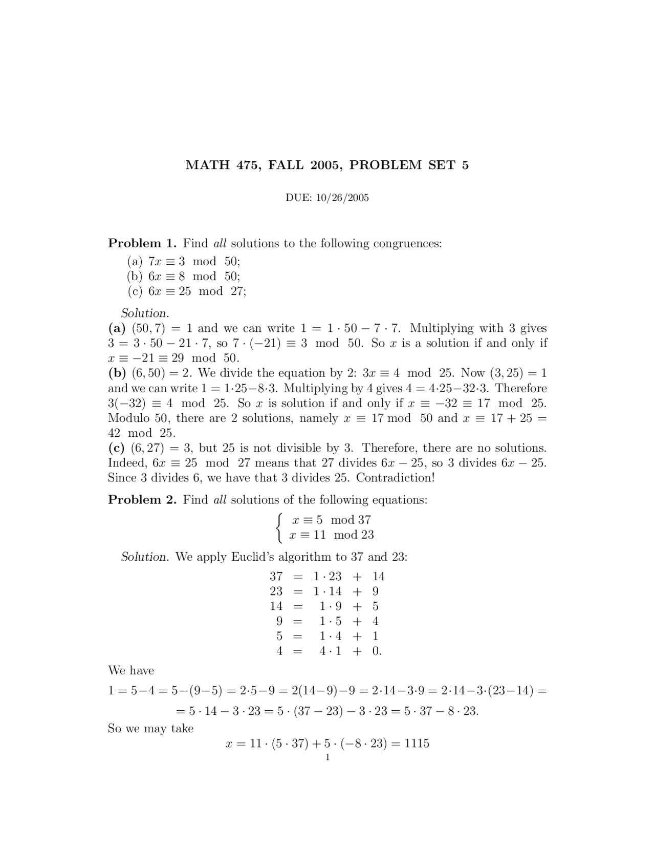 Problem Set 5 Solutions Number Theory I Fall 2005 Math 475 Docsity