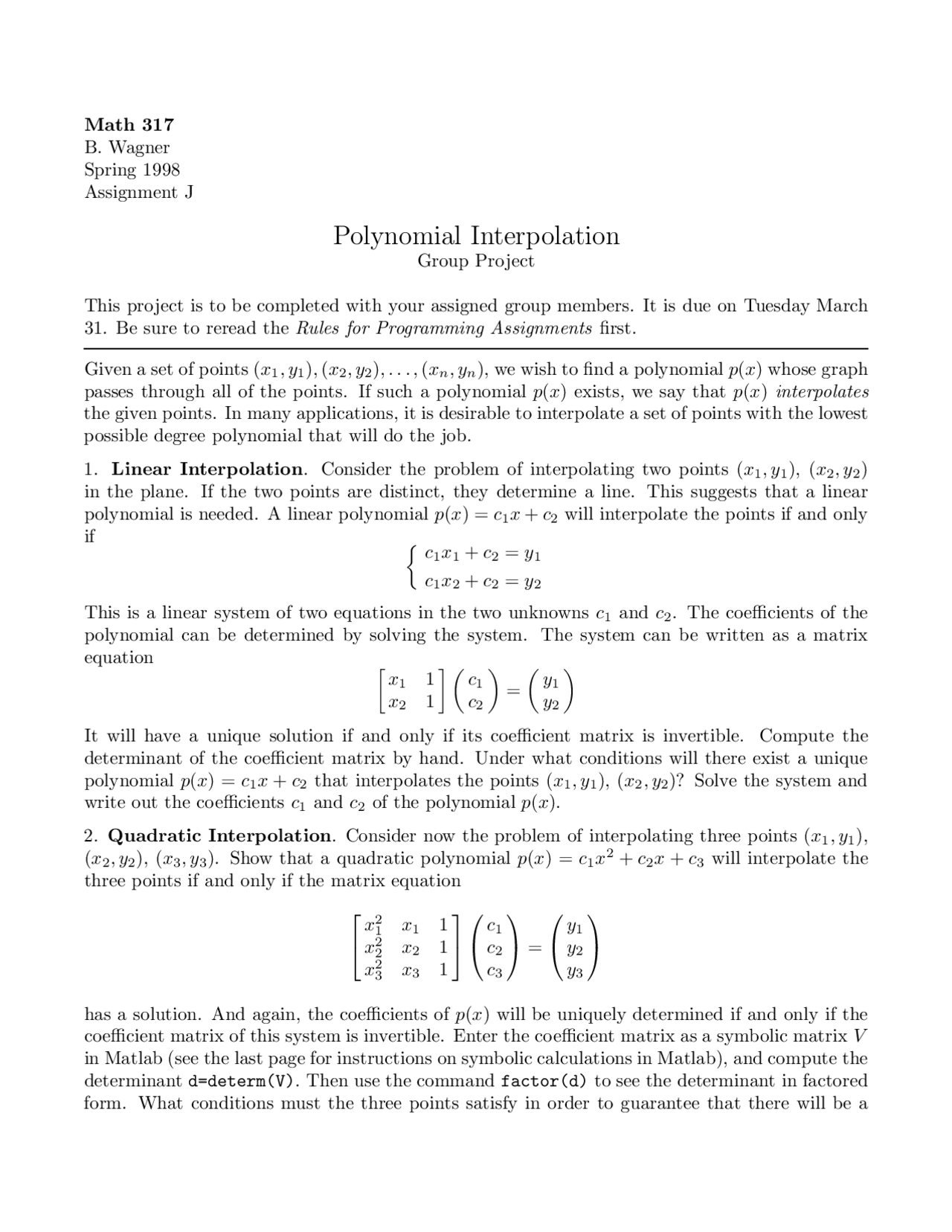 Polynomial Interpolation Group Project Math 317 Docsity