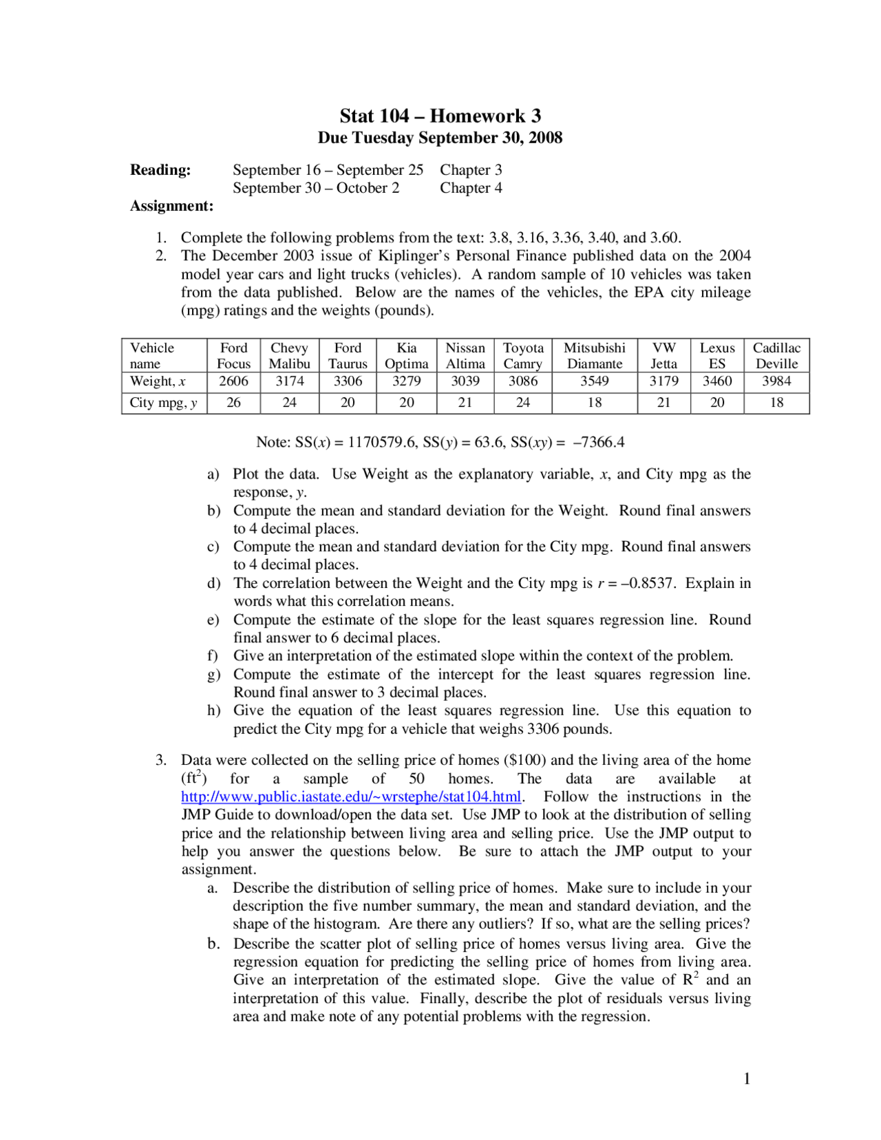 Homework 3 For Introduction To Statistics Stat 104 Docsity