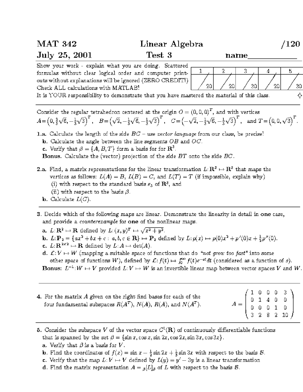 Exam 3 5 Questions On Linear Algebra Mat 342 Docsity