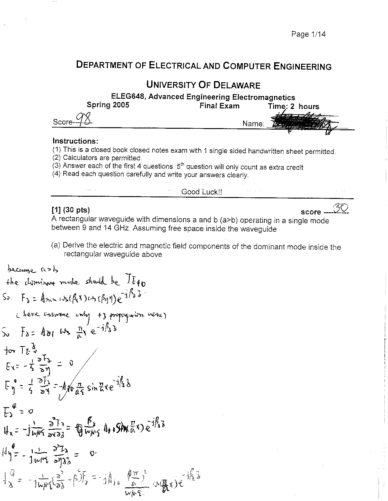 Advanced Engineering Electromagnetics Final Exam Eleg 648 Docsity