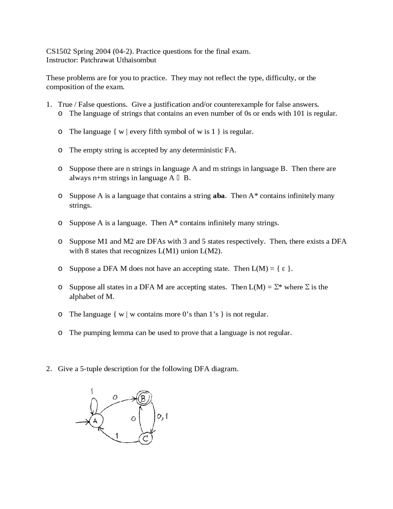 Exam 3 Practice Questions Formal Methods In Computer Science Cs
