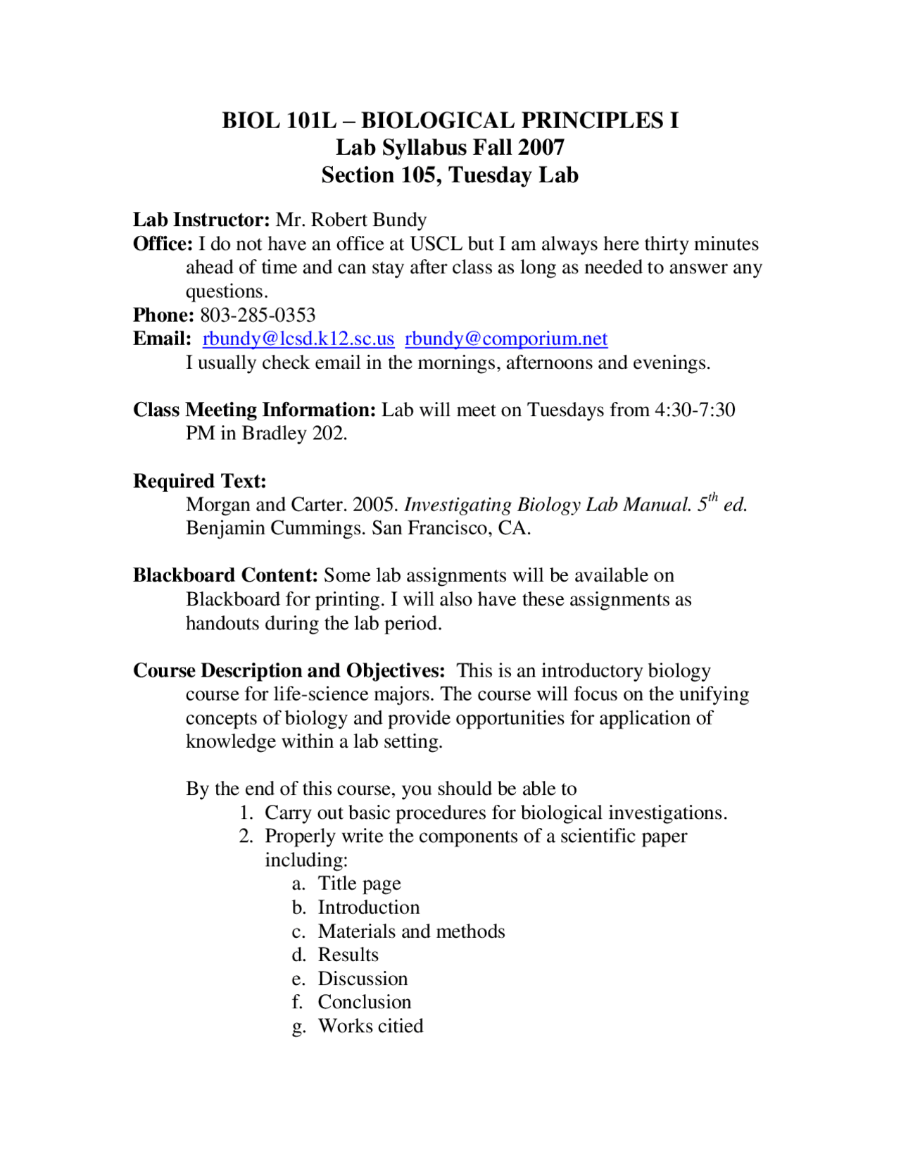 Lab Syllabus Biological Principles I Fall 2007 Biol 101 Docsity
