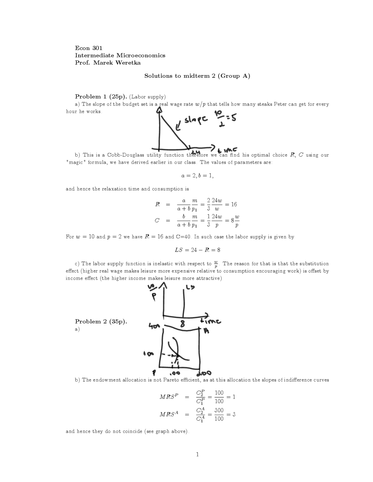 Midterm 2 Solutions - Intermediate Microeconomic Theory | ECON 301 | Exams Microeconomics | Docsity