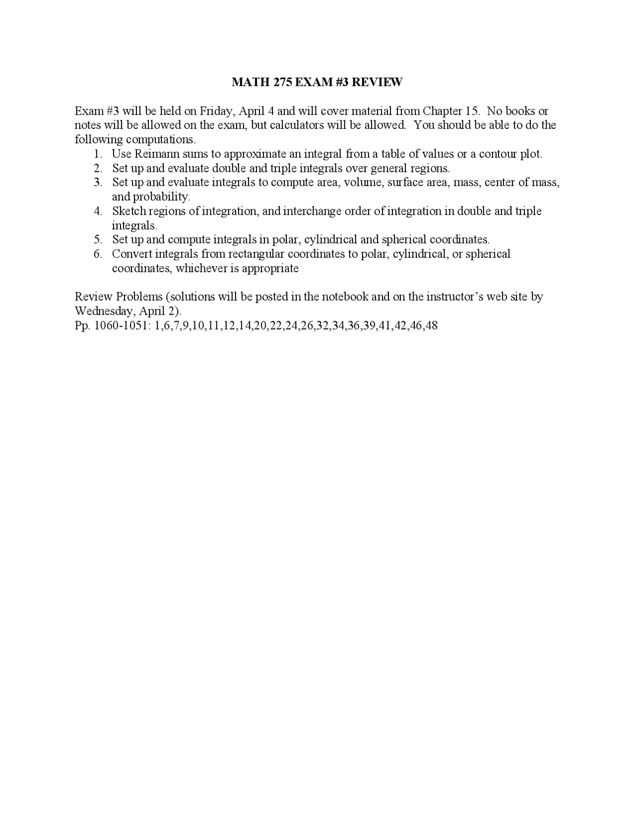 Review Problems Exam 3 Calculus Ii Math 275 Docsity