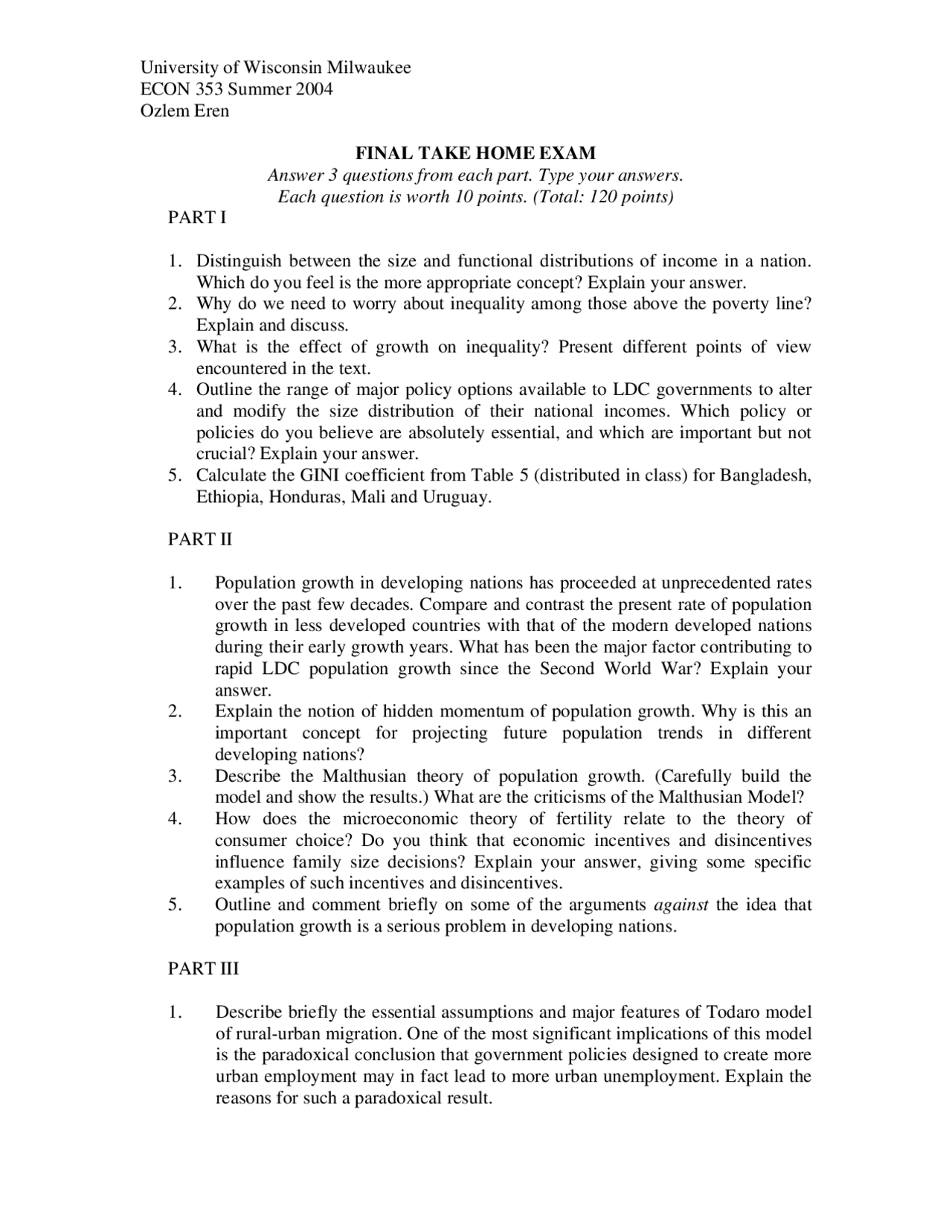 20 Questions On Economic Development Final Examination Econ 353