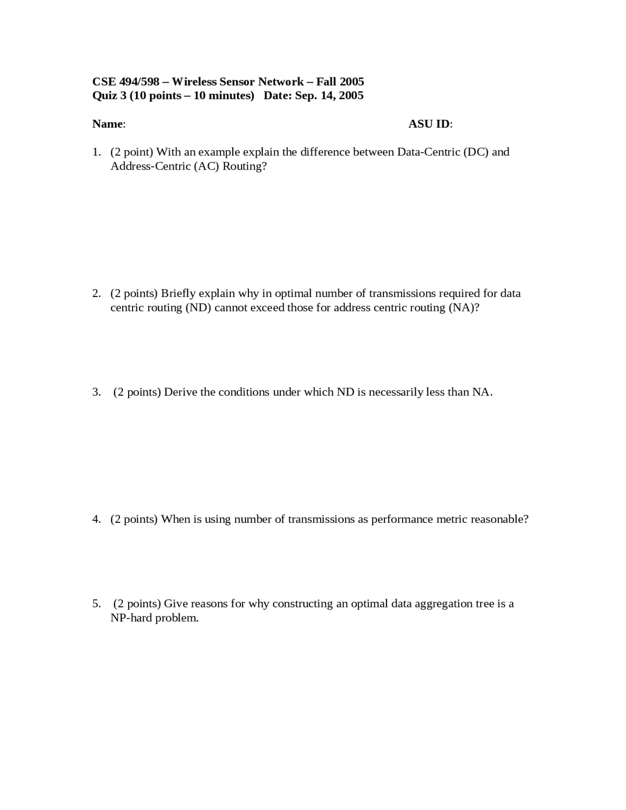 Quiz Iii Questions For Wireless Sensor Network Cse 494 Docsity