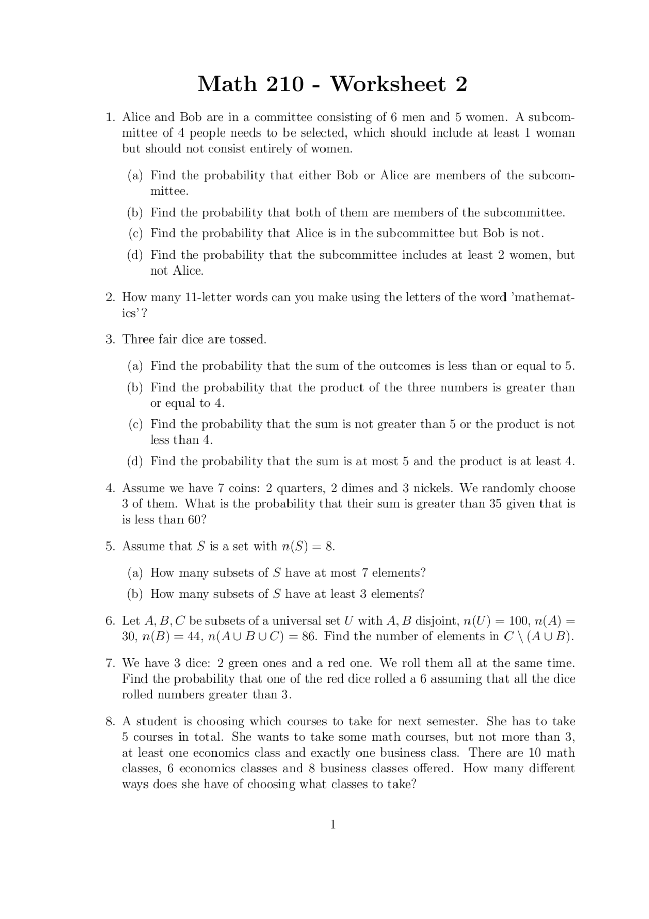 Worksheet 2 For Topics In Finite Mathematics Math 210 Docsity