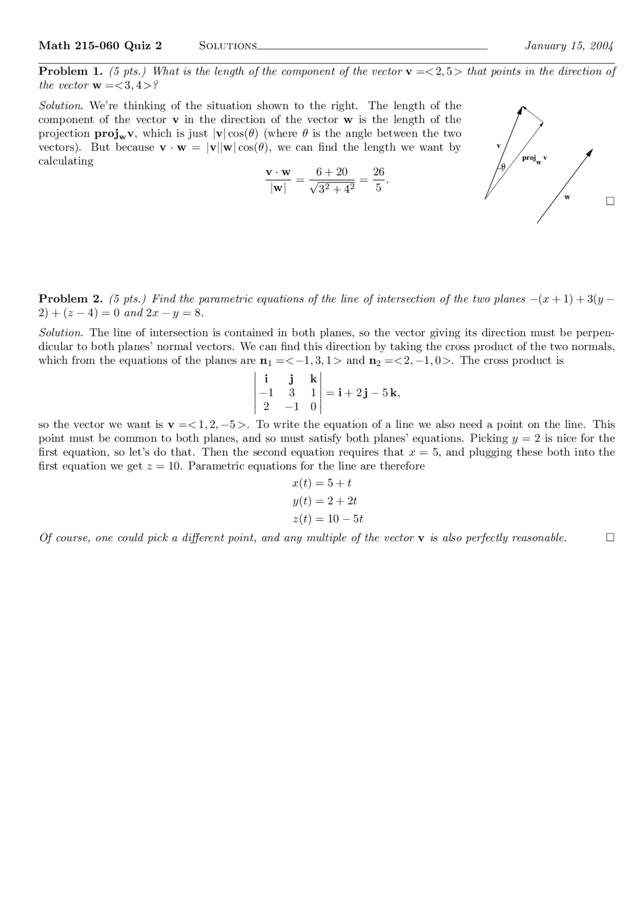 Math 215-060 Quiz Solutions: Vector Component & Line of Intersection | Quizzes Advanced Calculus ...