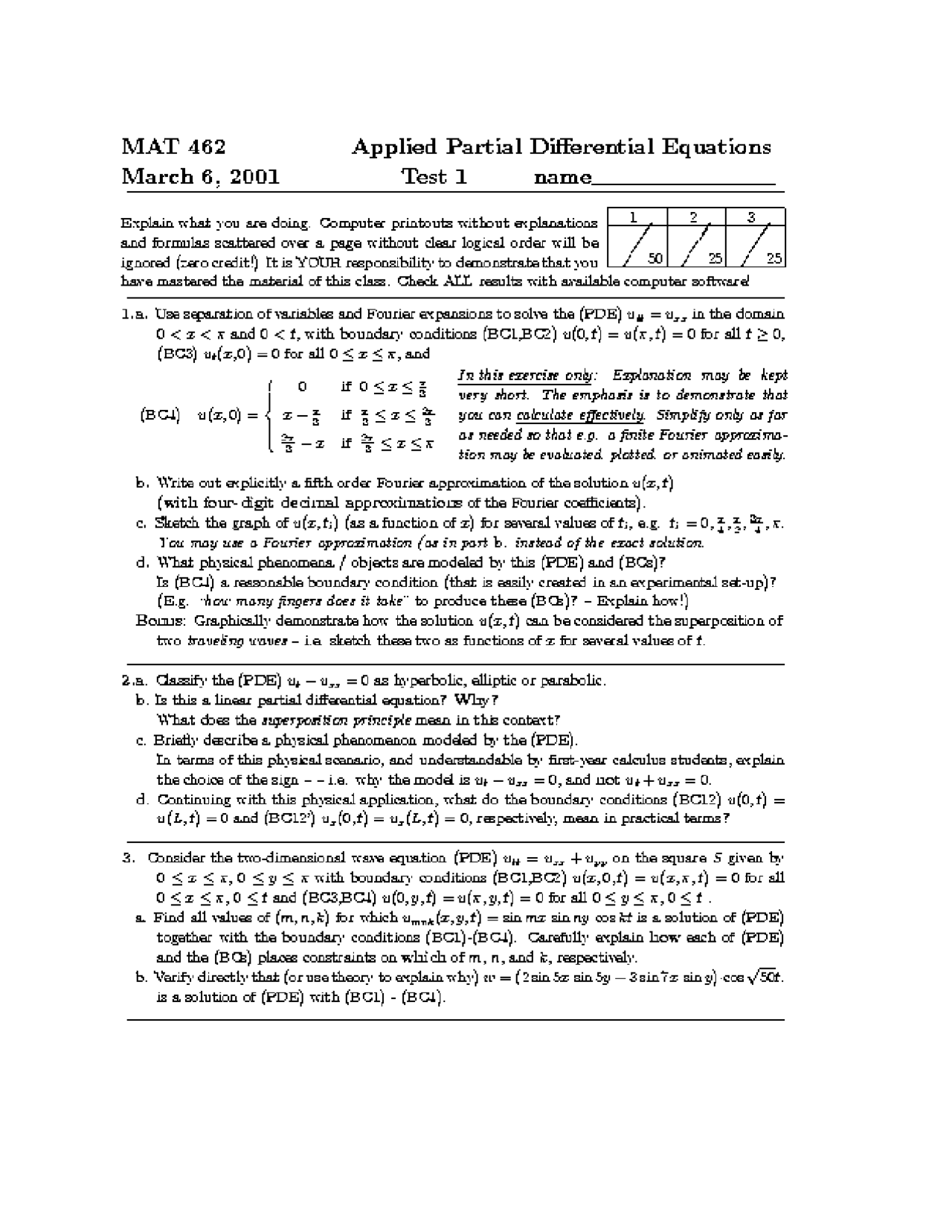 3 Questions For Exam 1 Applied Partial Differential Equations Mat