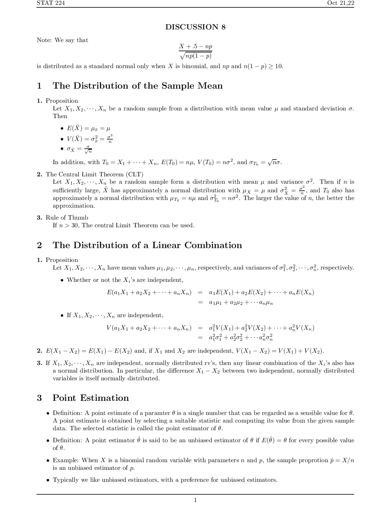 STAT 224: Statistical Distributions, Mean, CLT, Linear Combinations, Point Estimation | Study ...