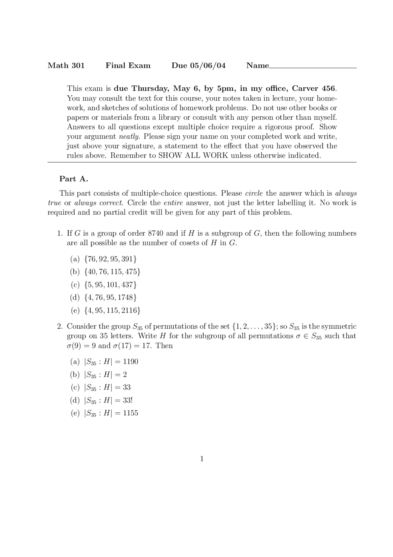 Past Final Exam Fall 2004 Abstract Algebra I Math 301 Docsity