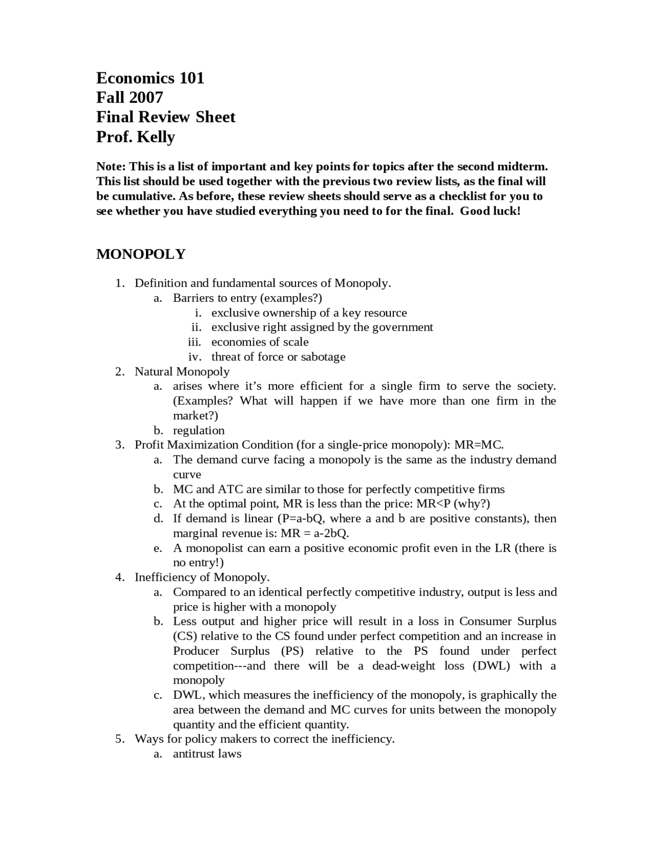 Final Review Sheet For Principles Of Microeconomics Econ 101 Docsity