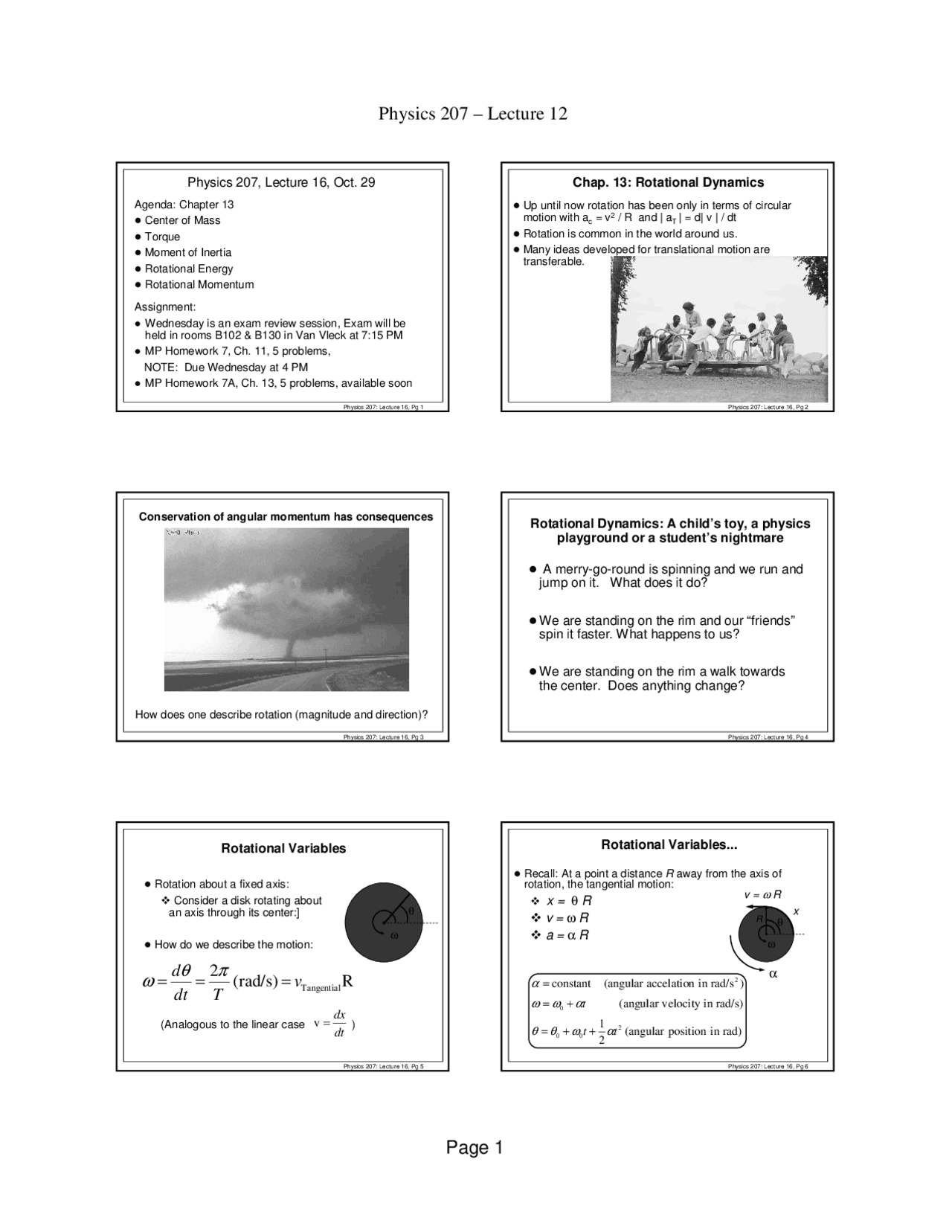 Rotational Dynamics Lecture Slides Physics 207 Assignments