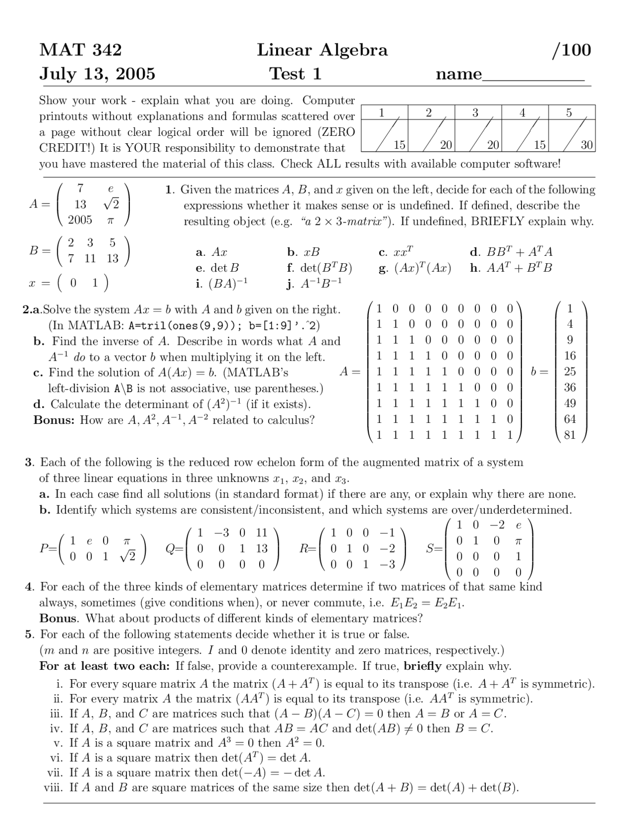 5 Questions For Exam 1 Linear Algebra Mat 342 Docsity