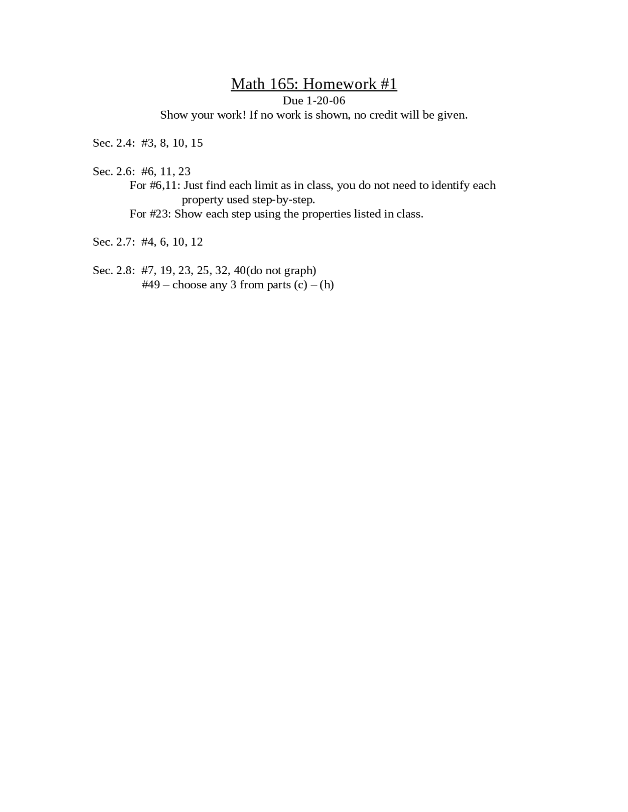 Practice Questions for Assignment 1 - Calculus I | MATH 165 - Docsity