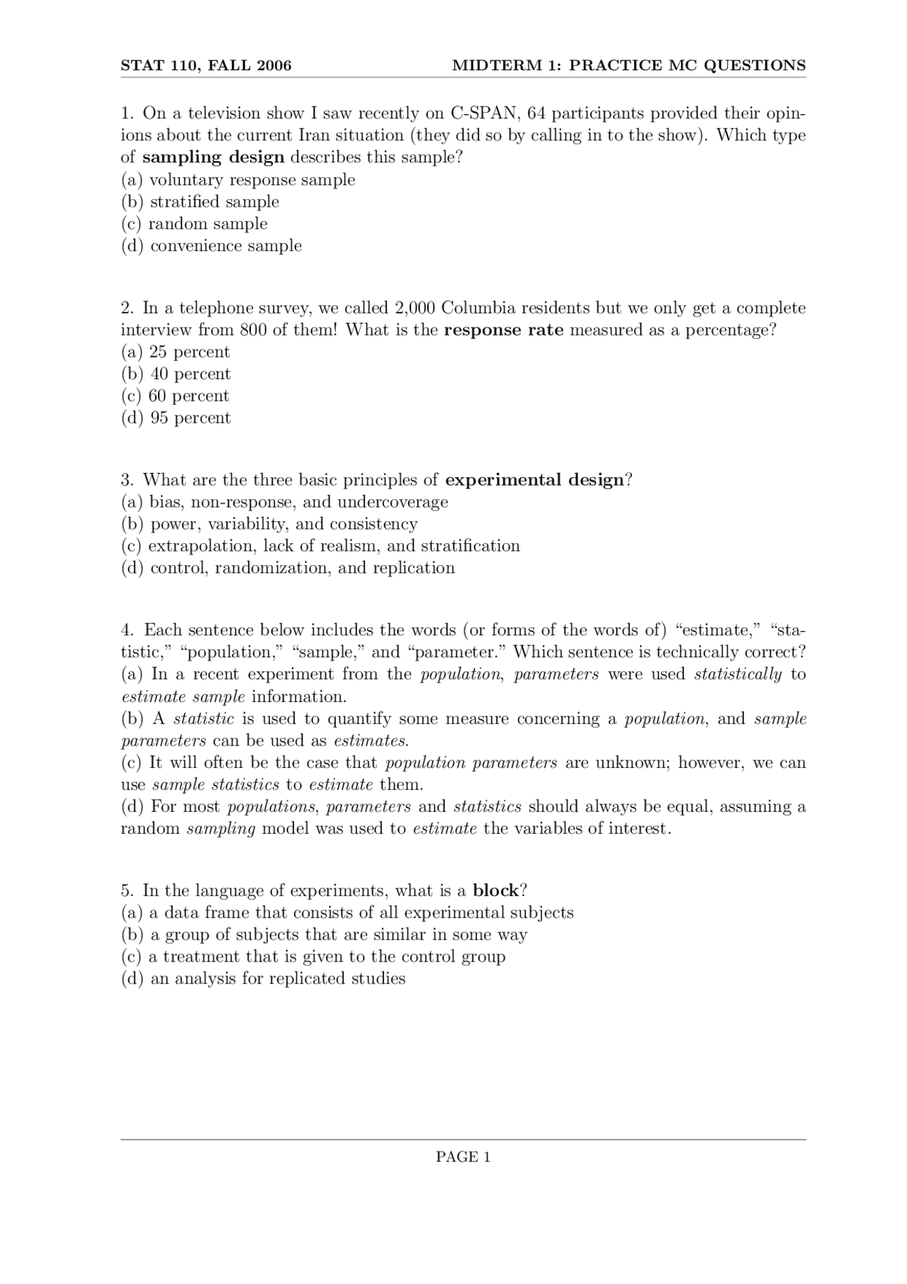 Practice Midterm Questions Introduction To Statistical Reasoning
