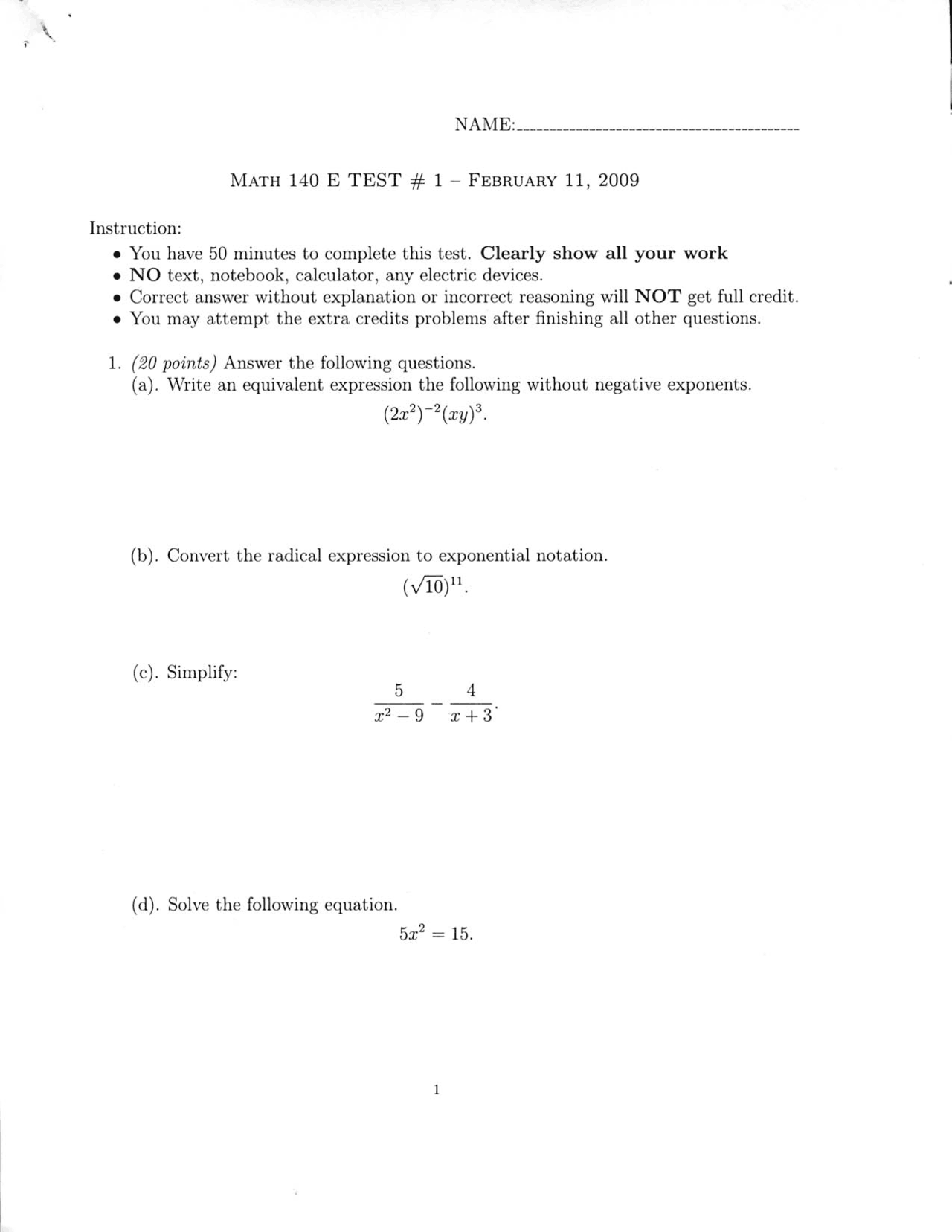 7 Problems for College Algebra - Past Test #1 | MATH 140 | Exams ...