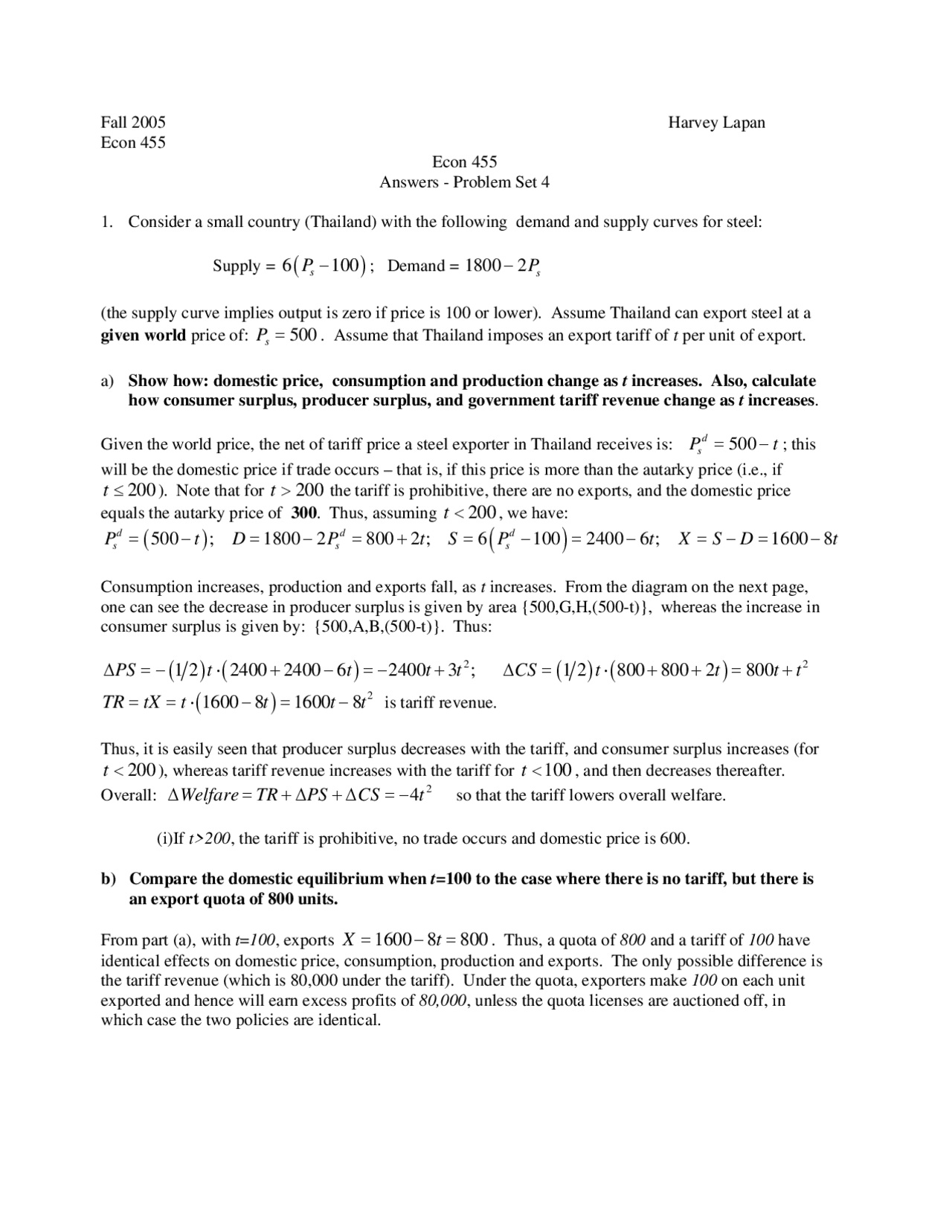 Assignment 4 Solutions - International Trade | ECON 455 - Docsity