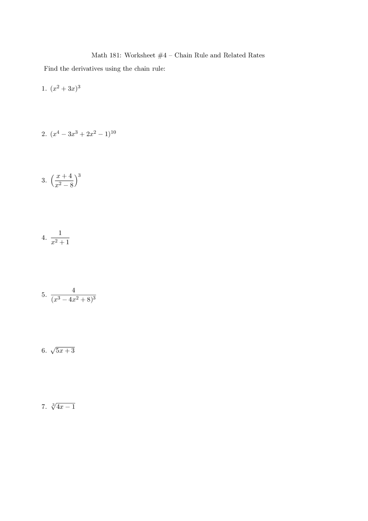 Worksheet #4 - Chain Rule and Related Rates | MATH 181 - Docsity