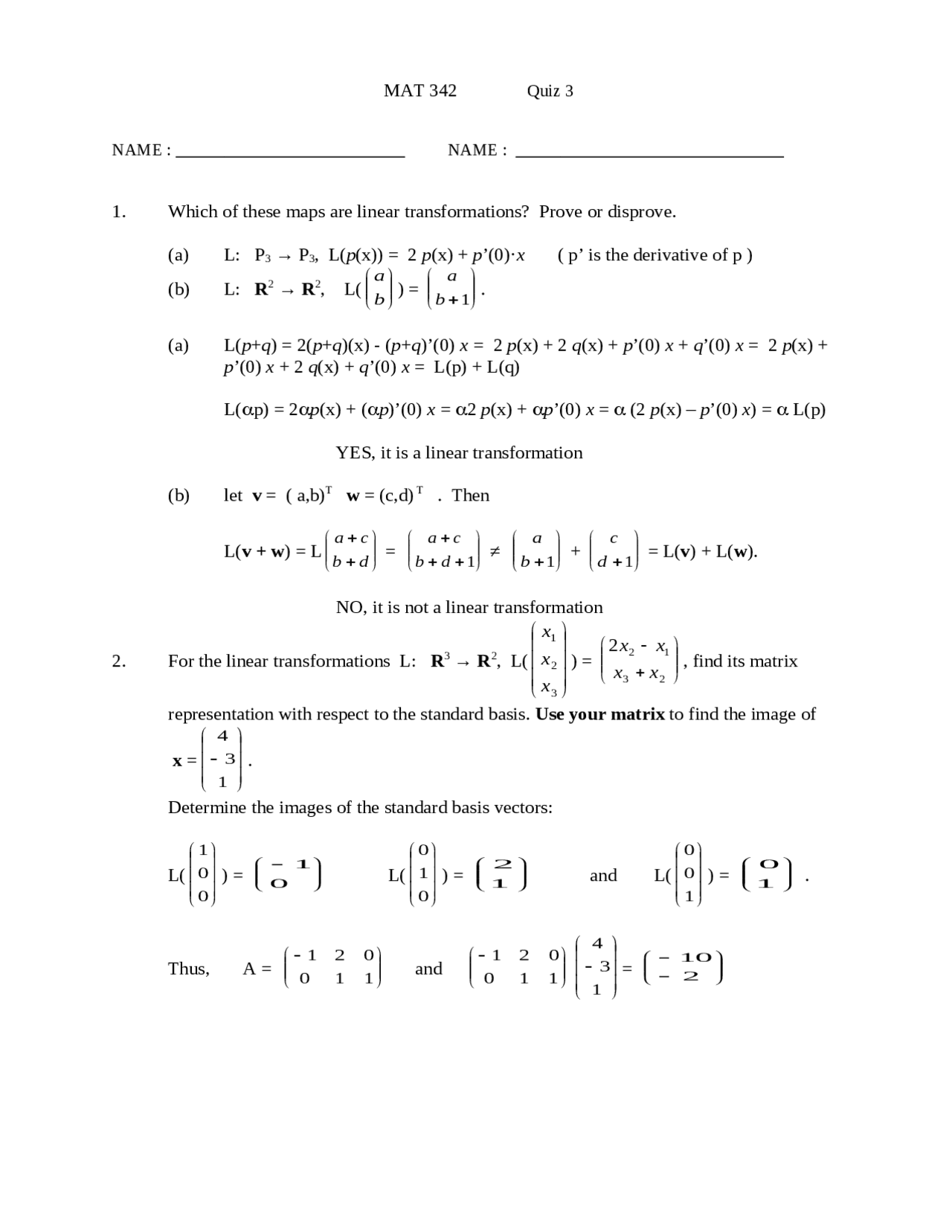 Quiz 3- Questions of Linear Transformation -Linear Algebra | MAT 342 ...