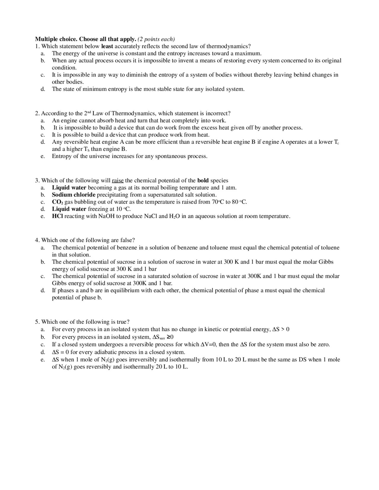 14 Questions On Thermodynamics At 300 Docsity