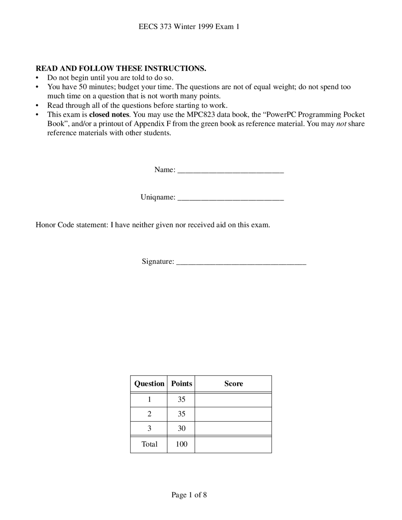 3 Questions For Old Exam 1 Microprocessor Systems Design Eecs 373