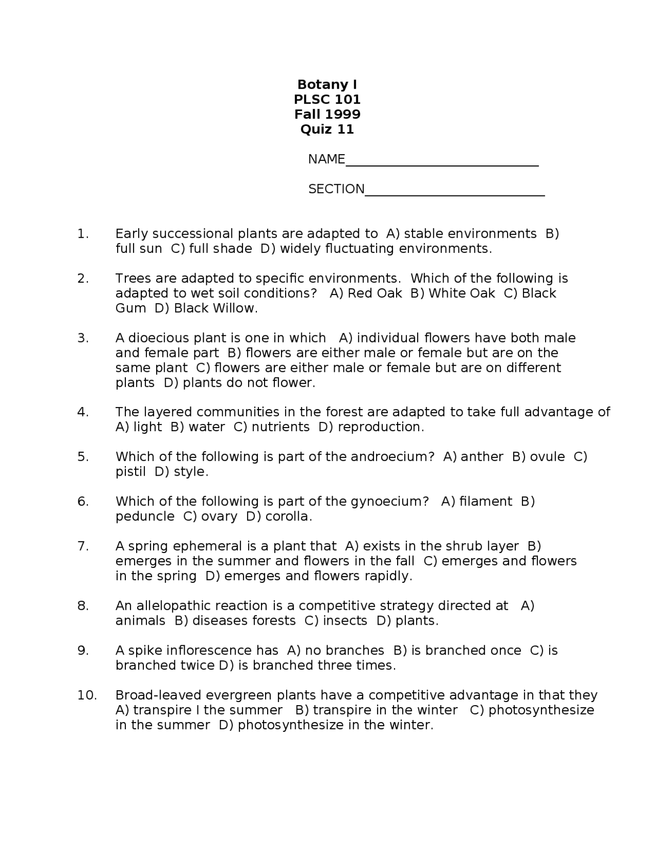 Quiz With 10 Questions Botany I Plsc 101 Docsity