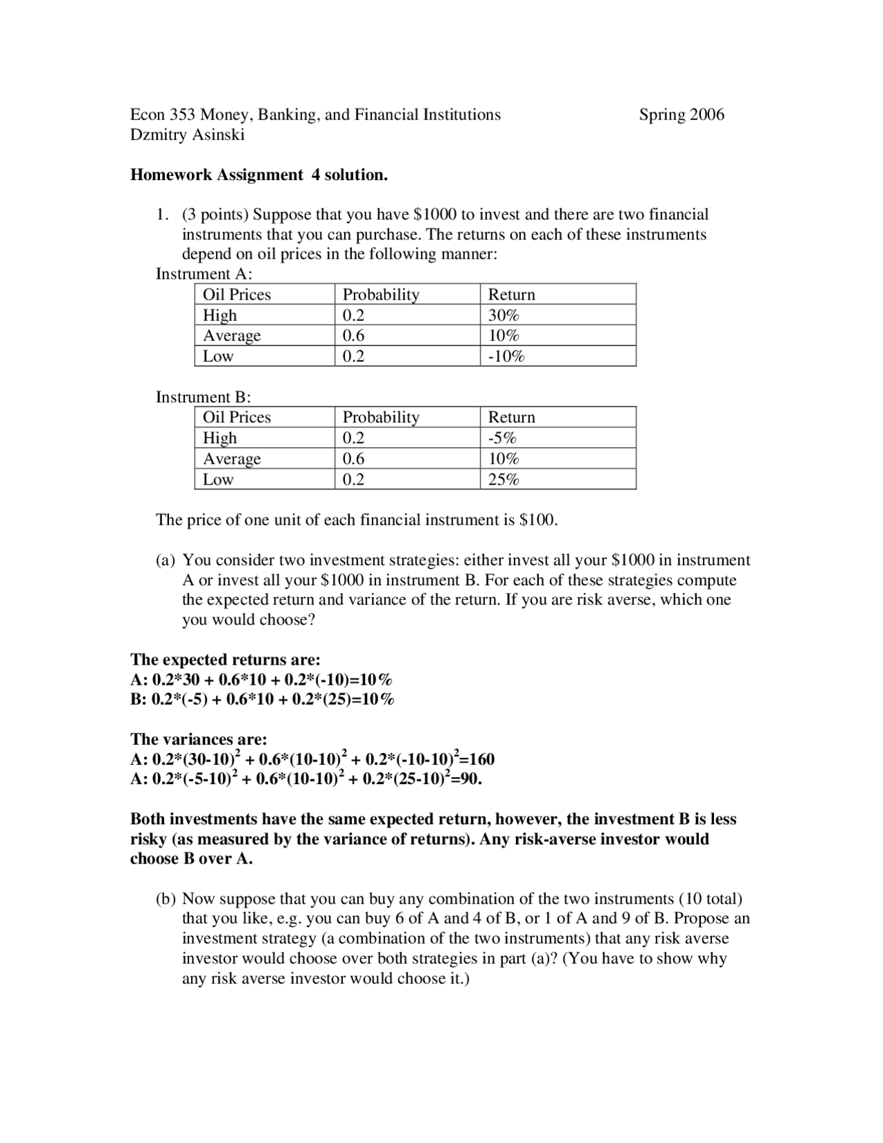 Money Banking and Financial Institution - Homework 4 with Solutions ...