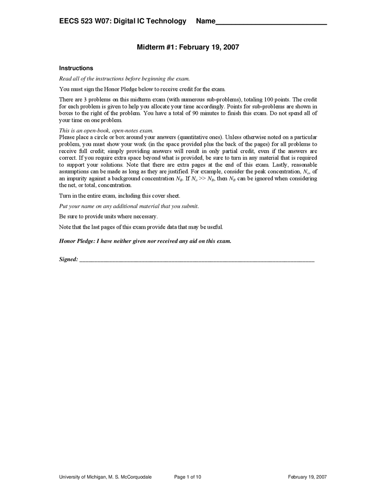 Midterm Exam 1 Problems Digital Integration Technology Eecs 523