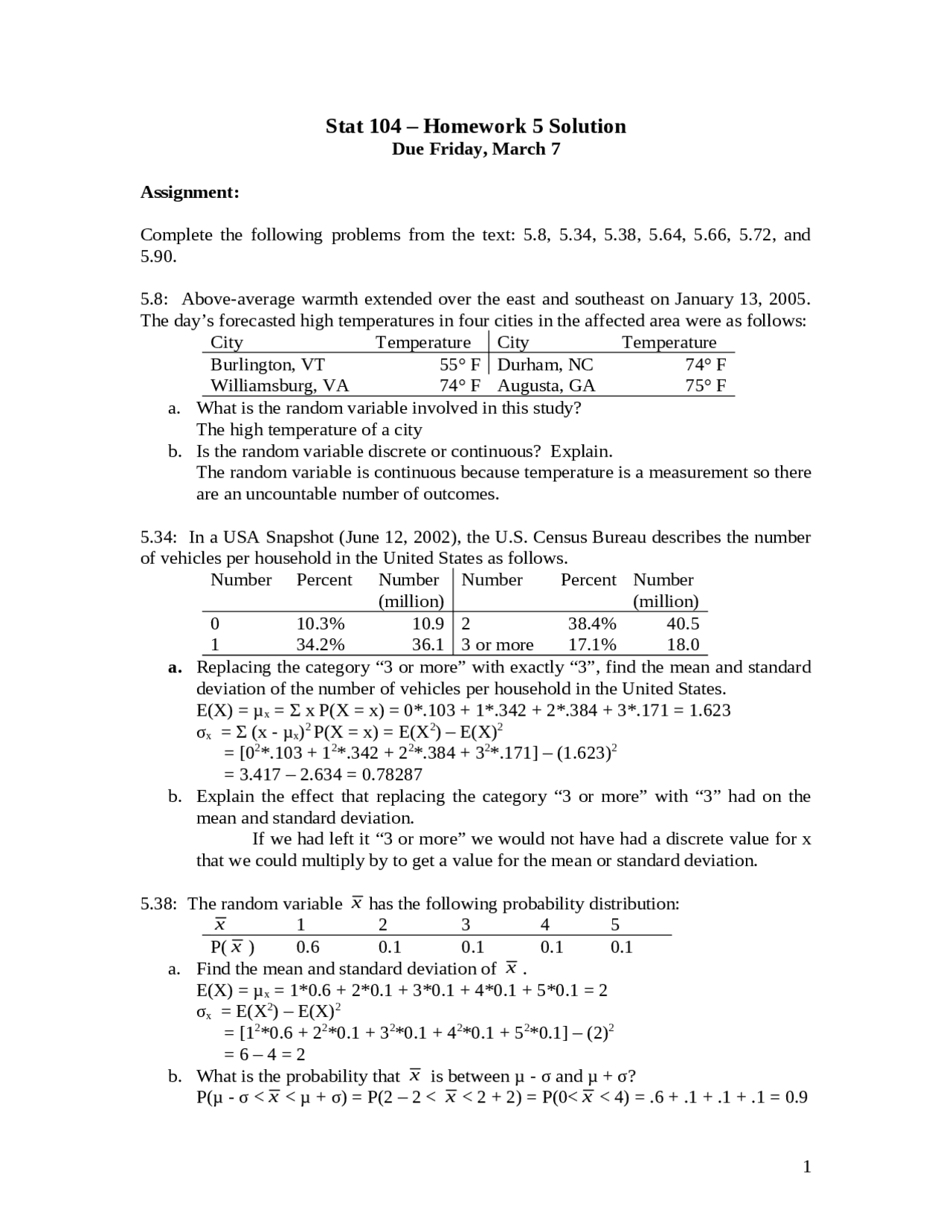 Homework 5 Solutions For Introduction To Statistics Stat 104 Docsity