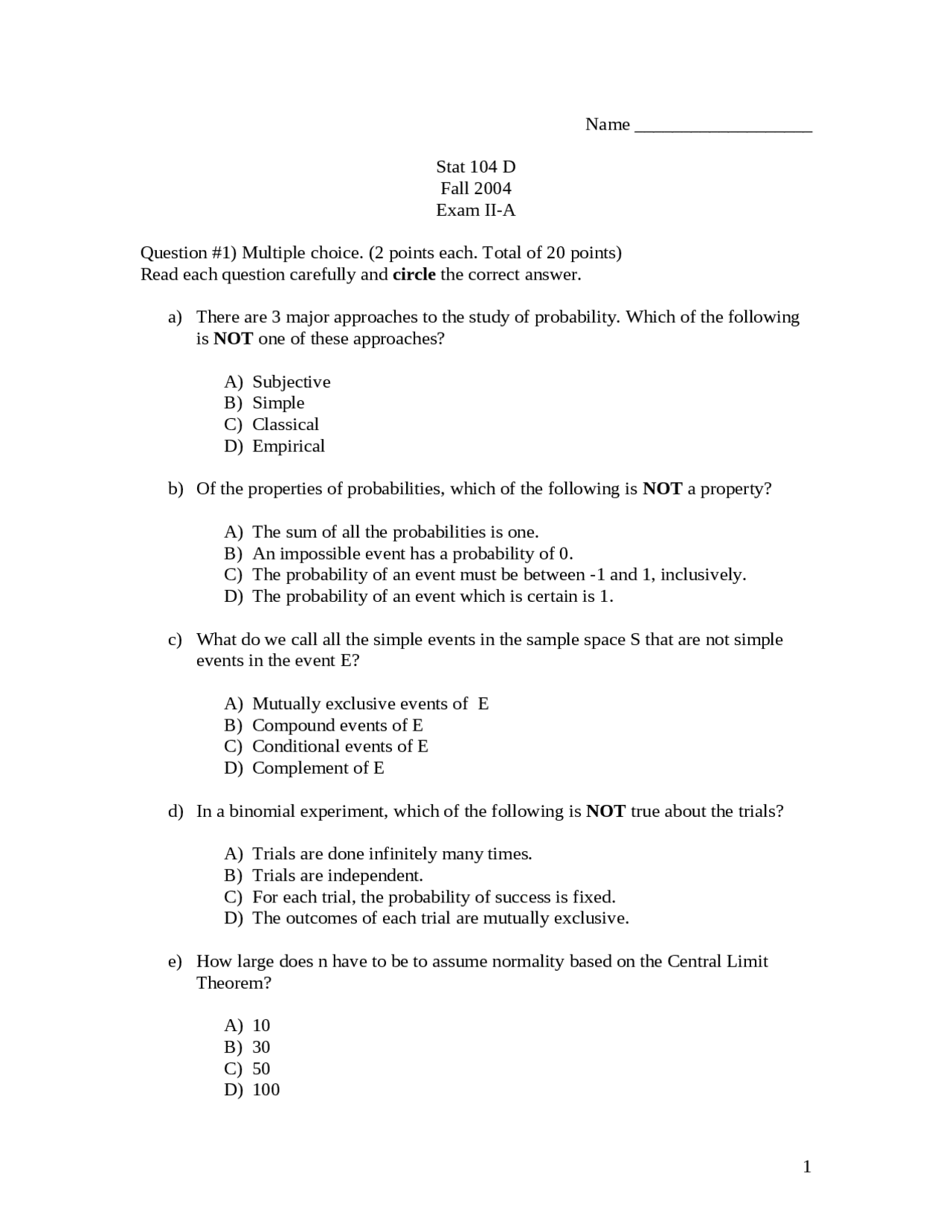 Exam 2 Fall 2004 Introduction To Statistics Stat 104 Docsity