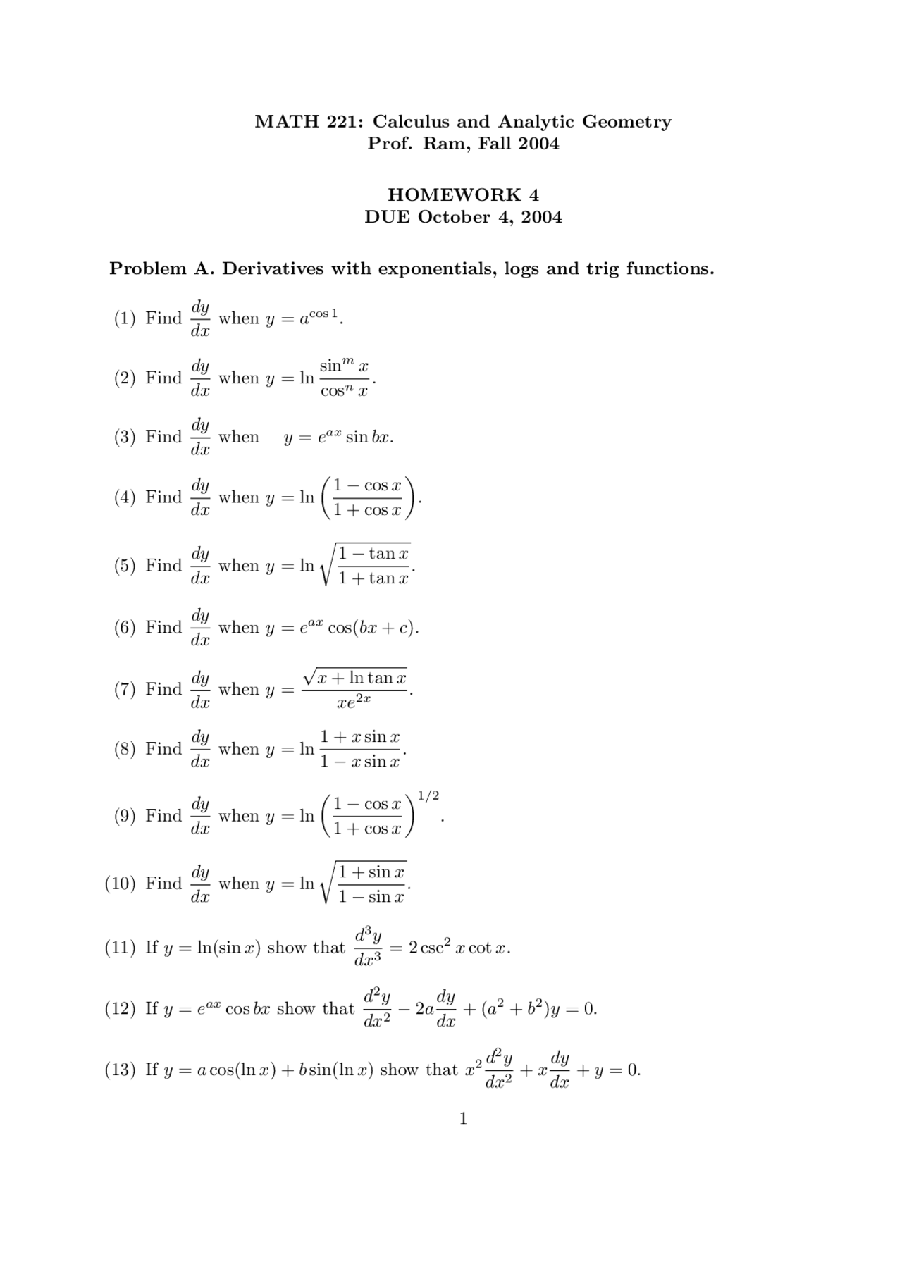 Calculus Problems: Derivatives, Differential Equations, and Parametric ...