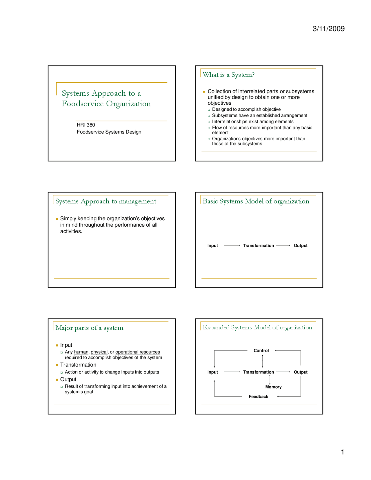 Systems Approach To A Foodservice Organization Slides Hri 380 Docsity