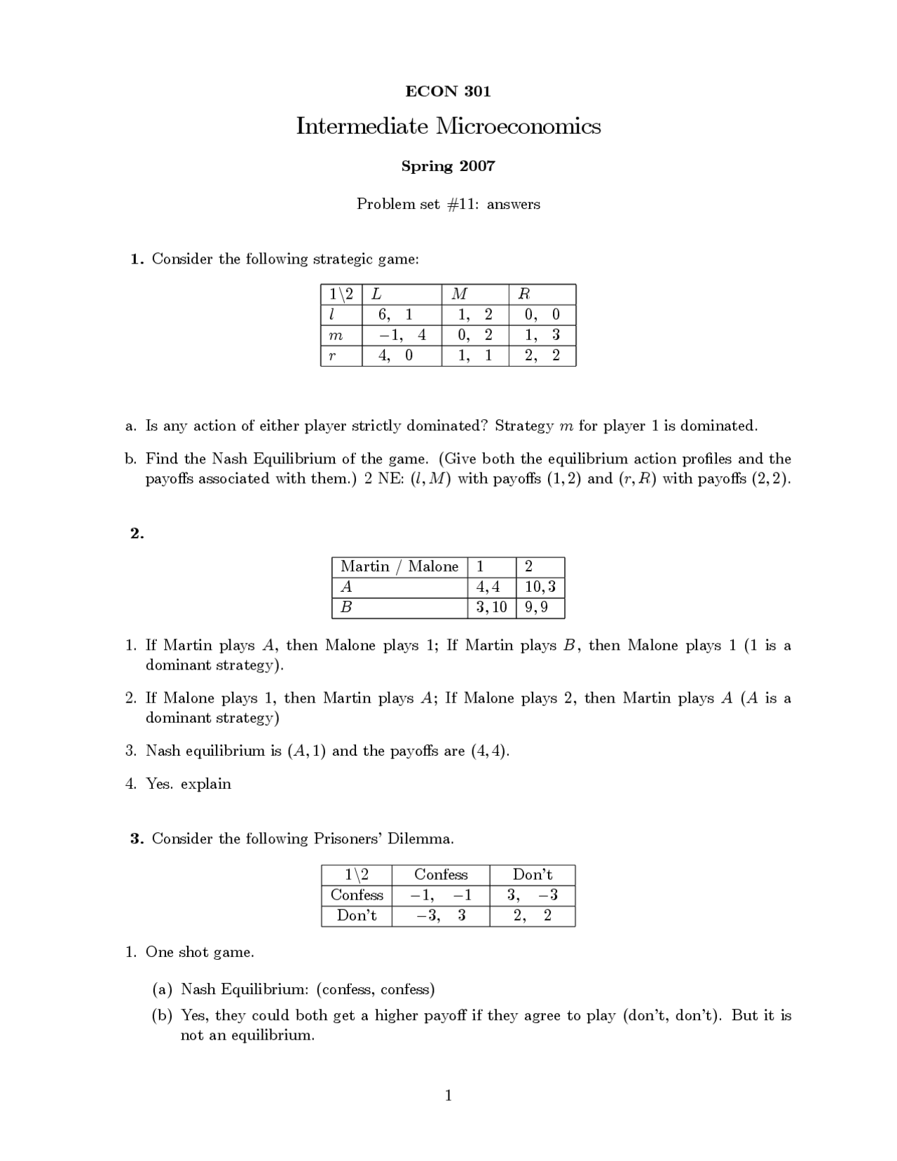 Solved Problem Set 11 For Intermediate Microeconomics Econ 301 Docsity