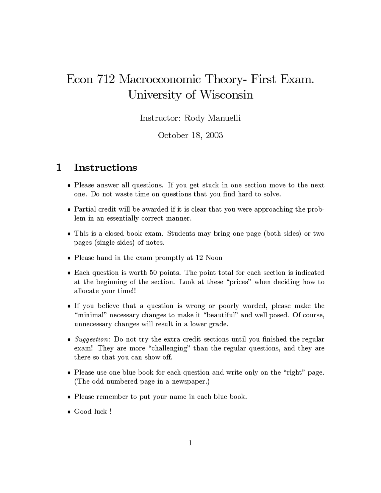 Solutions For Exam 1 Macroeconomic Theory Econ 712 Docsity