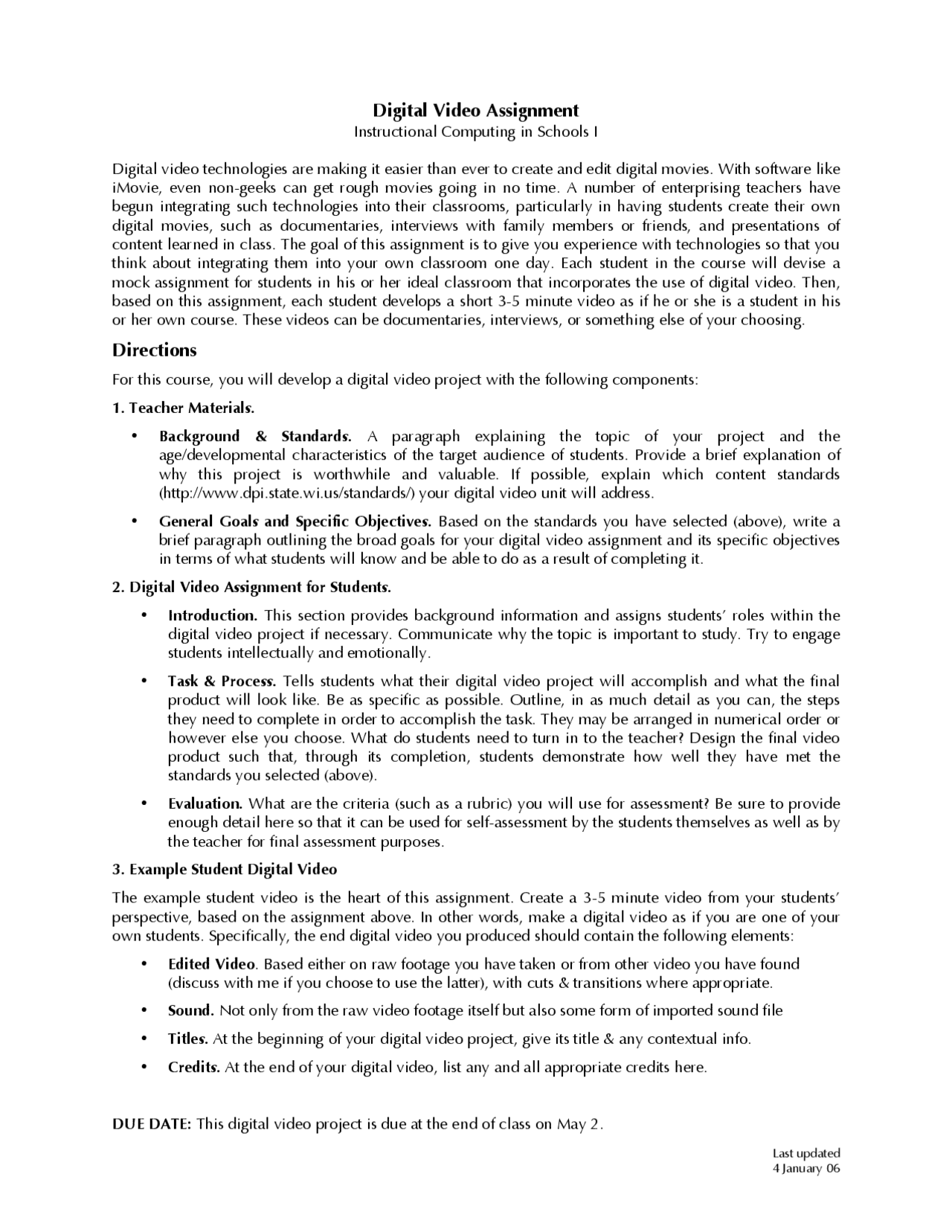 Digital Video Assignment Instructional Computing In Schools I