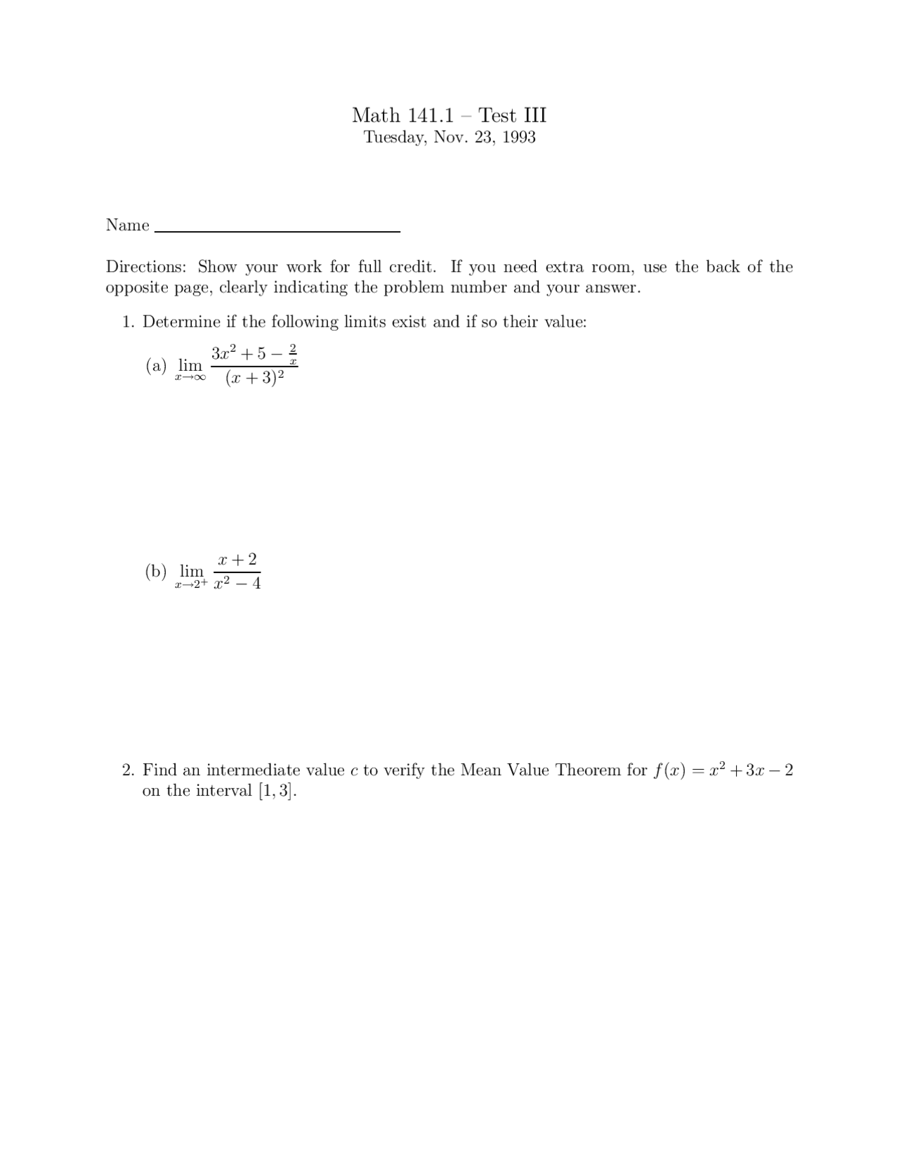 Practice Questions For Exam 3 Calculus I Math 141 Docsity