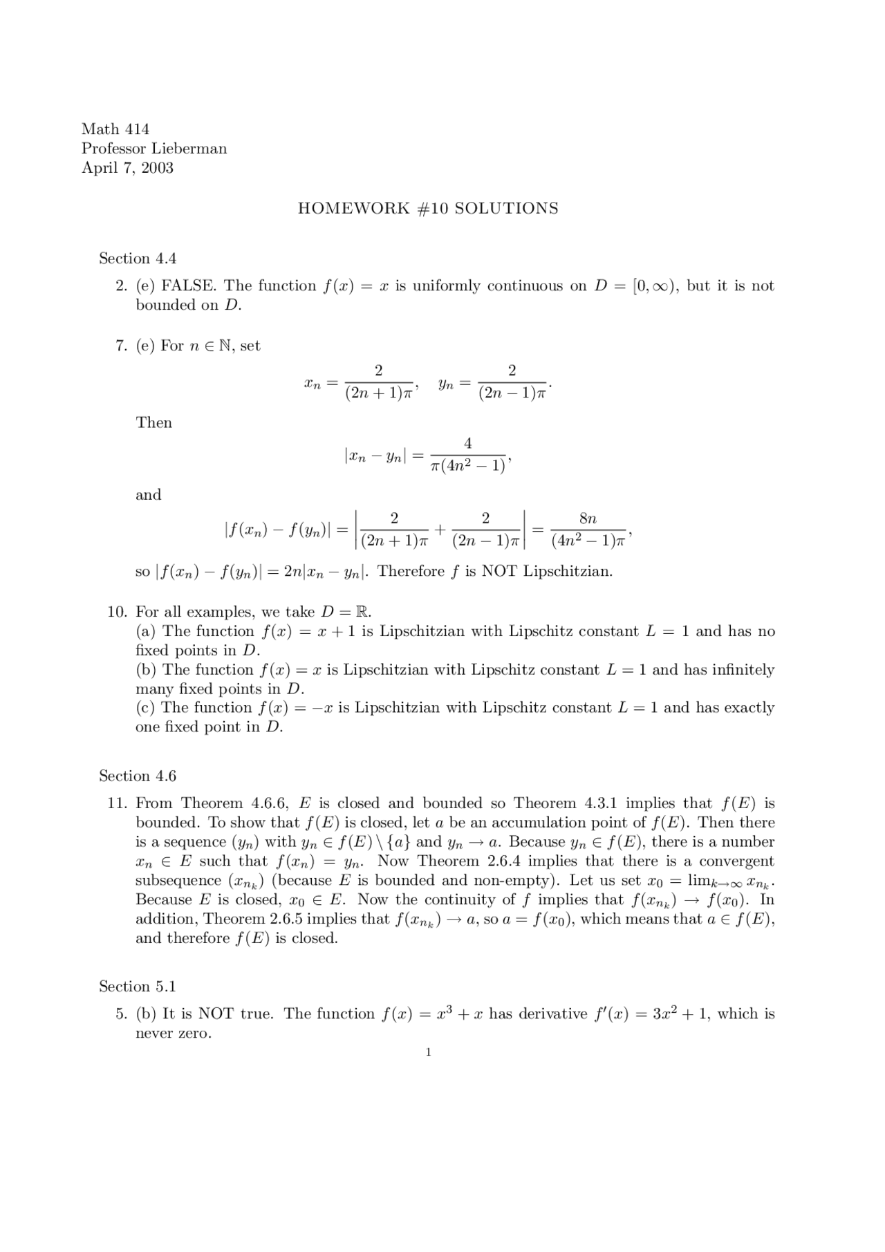 Homework 10 Solutions For Analysis I Math 414 Docsity