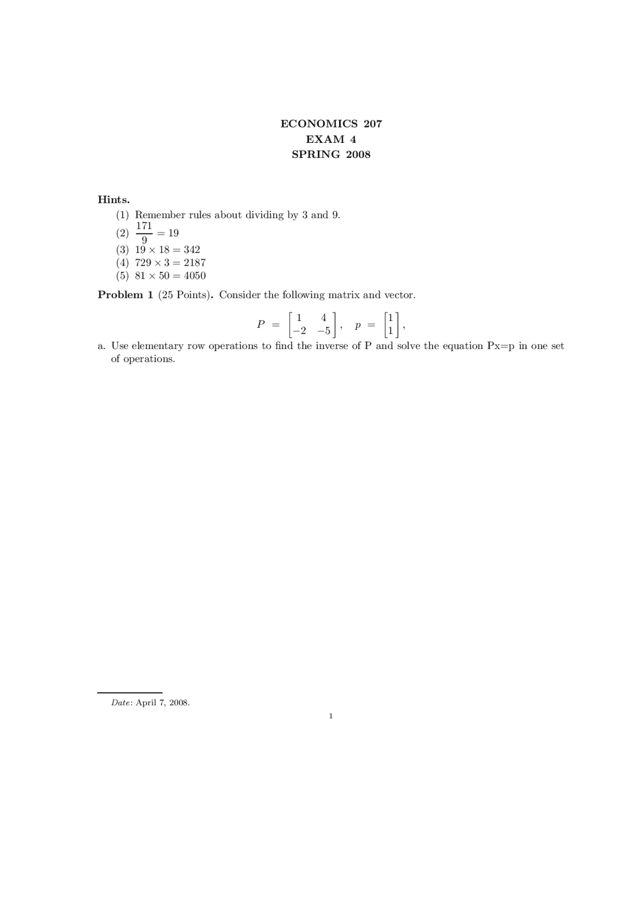 Economics Optimization Exam 4 Problems Econ 207 Docsity