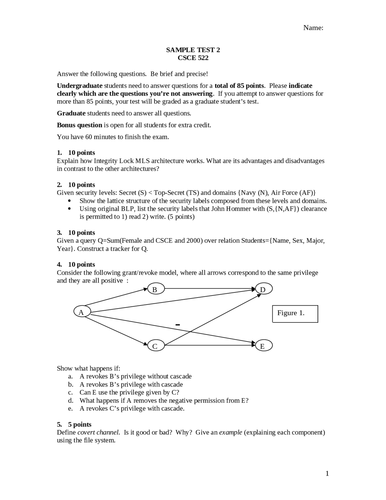 Sample Test 2 For Information Security Principles Csce 522 Exams Computer Science Docsity