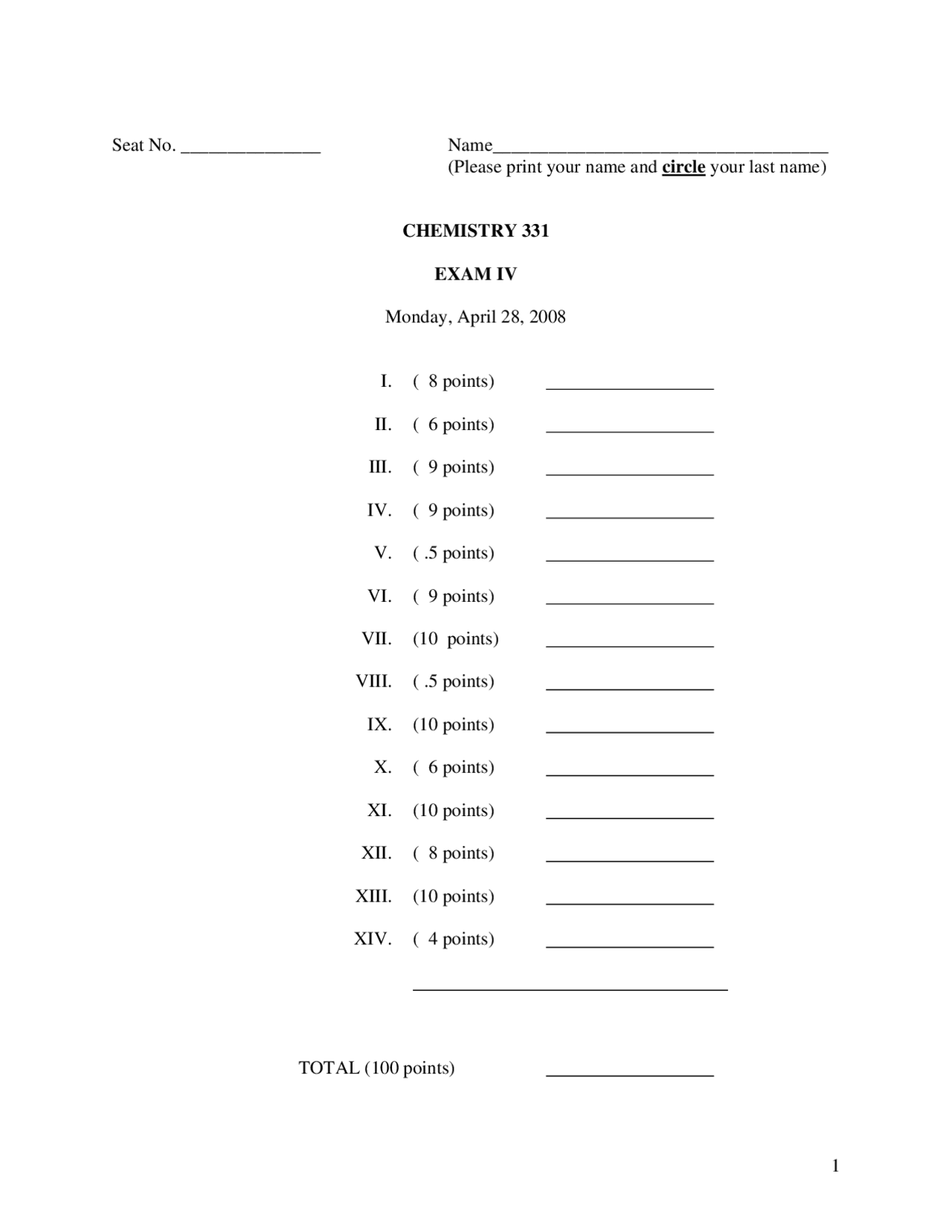 Exam 4 With 14 Questions On Organic Chemistry I Chem 331 Docsity